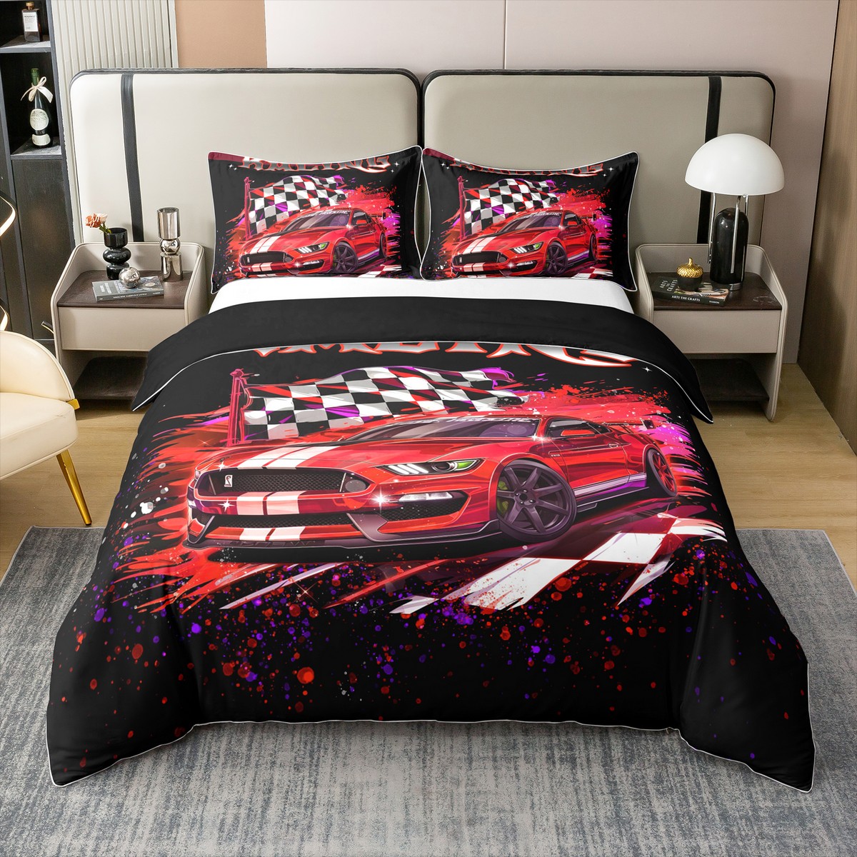 Red Race Car Kids 100% Cotton Duvet Cover Queen Size,Black White Racing ...