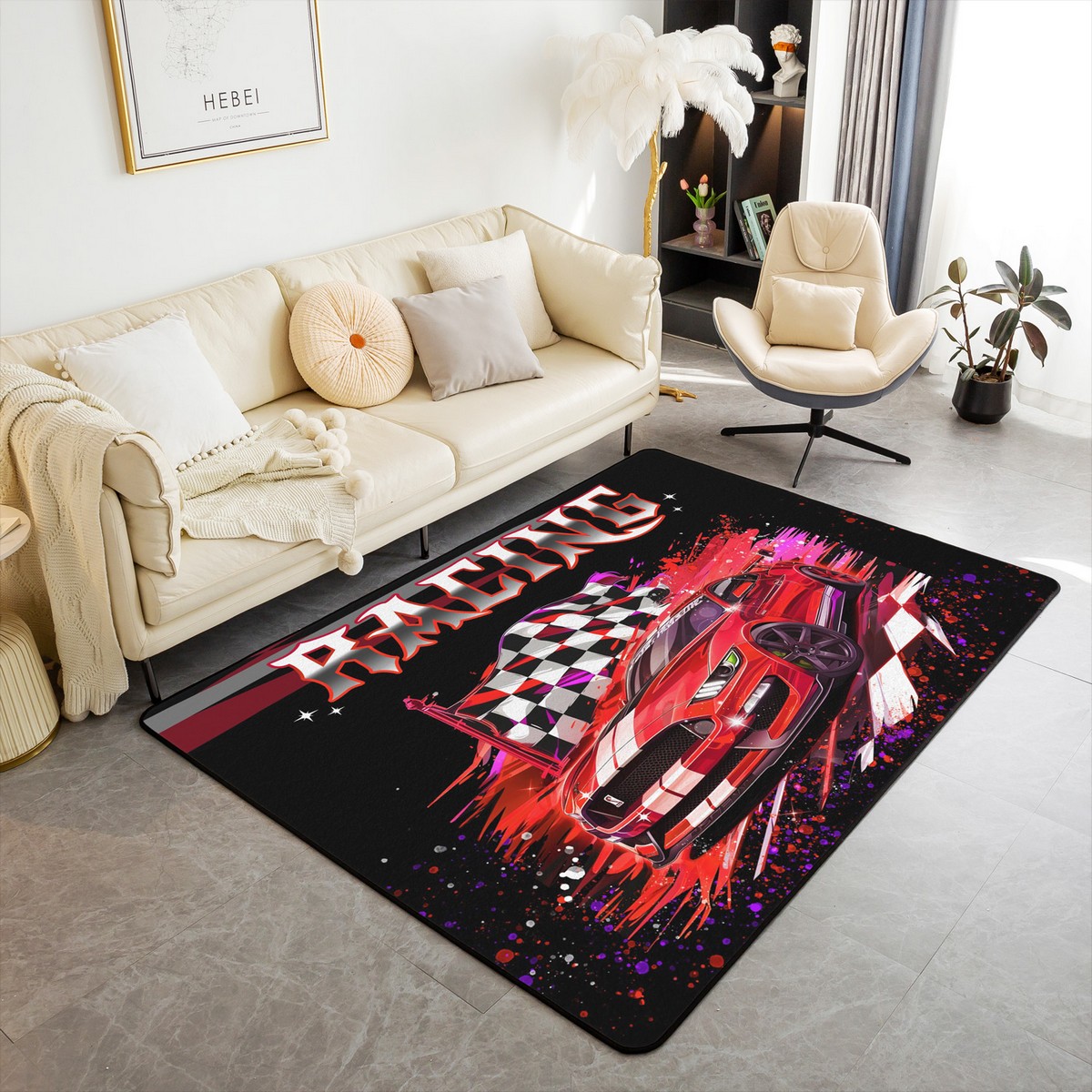 Red Race Car Kids Area Rug 5x7, Racing Car Rectangular Carpet For Kids ...