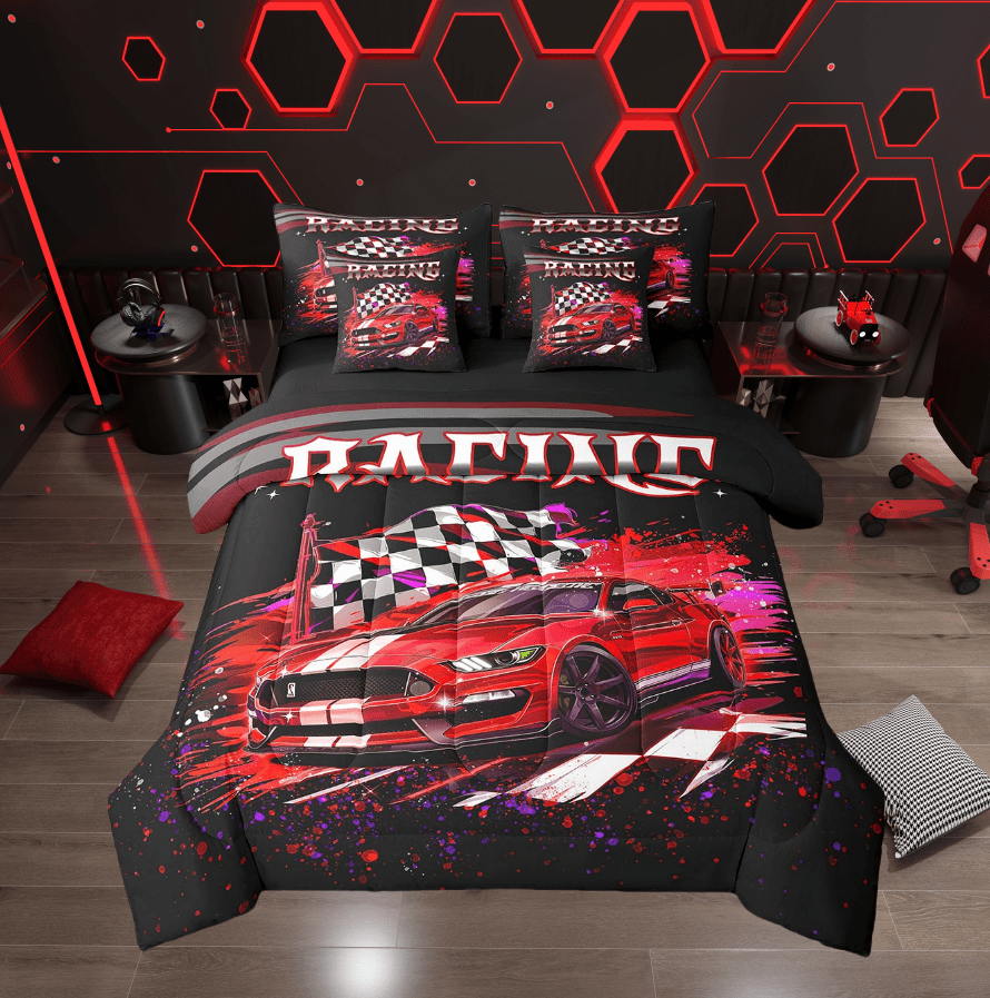 Red Race Car Comforter Set Twin 7 Piece Racing Car Bedding Sets Teen ...