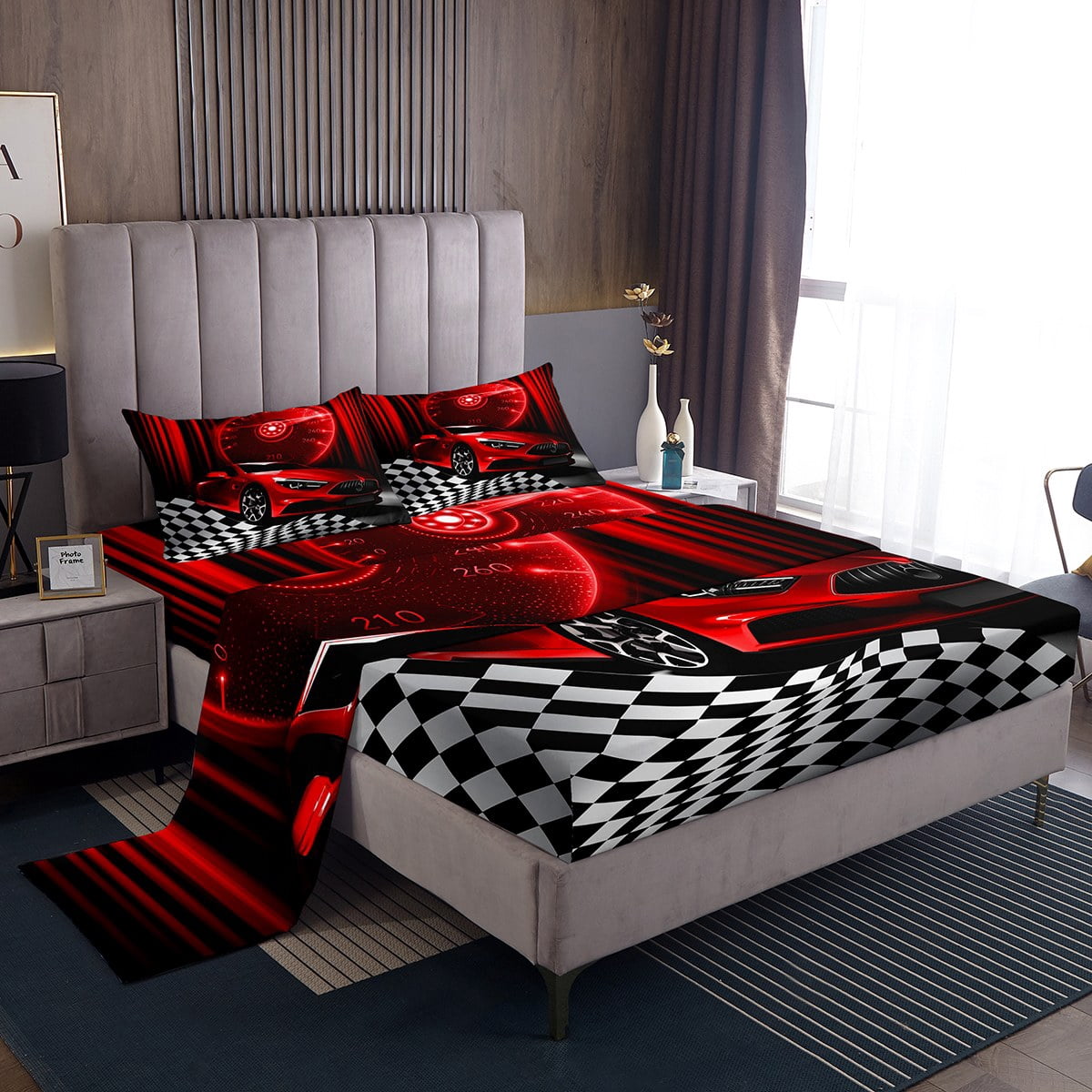 Red Race Car Sheet Set,Glitter Ombre Line Art Bed Sheets Set Neon Light ...