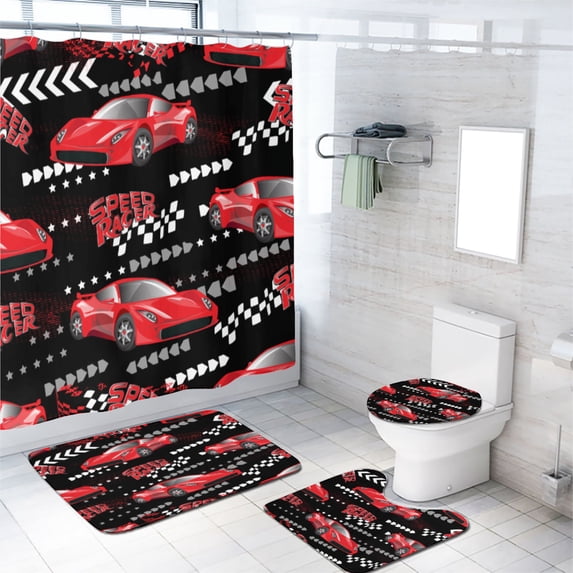 Red Race Car Shower Curtain Set Extreme Speed Sports Cartoon Racing Car ...