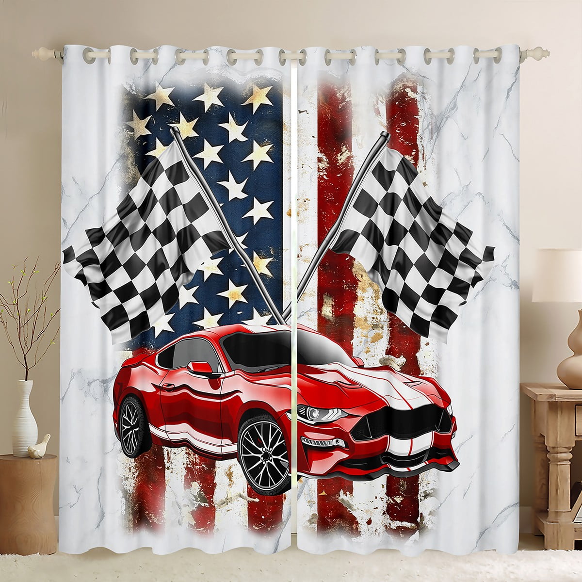 Red Race Car Window Drapes Block 30%-50% Light,Racing Flags Checker ...