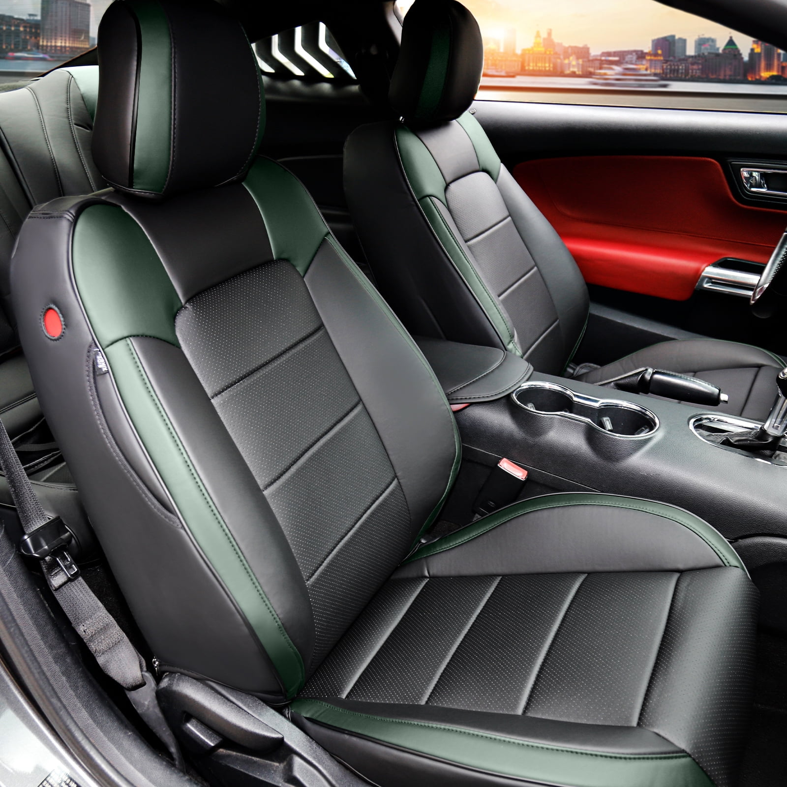 Red Rain Mustang Car Seat Covers Full Set Black and Green Leather Auto ...