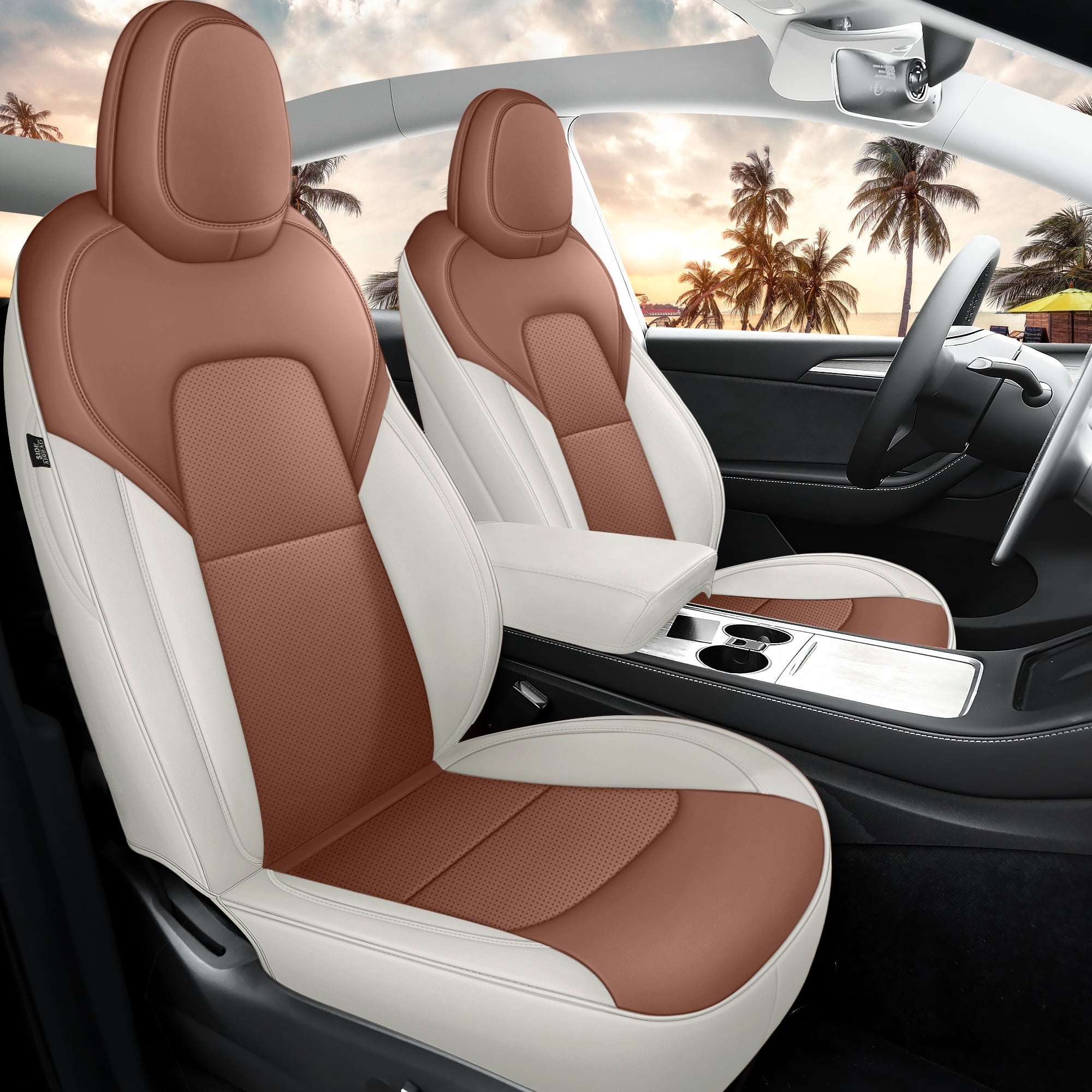 Red Rain Tesla Model Y Seat Covers Brown and Beige Car Seat Cover for ...