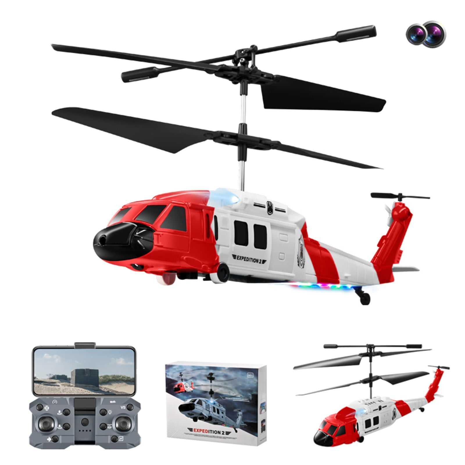 Red Rc Helicopter With Dual 1080P Hd Camera Obstacle Avoidance 2.4Ghz 3 ...