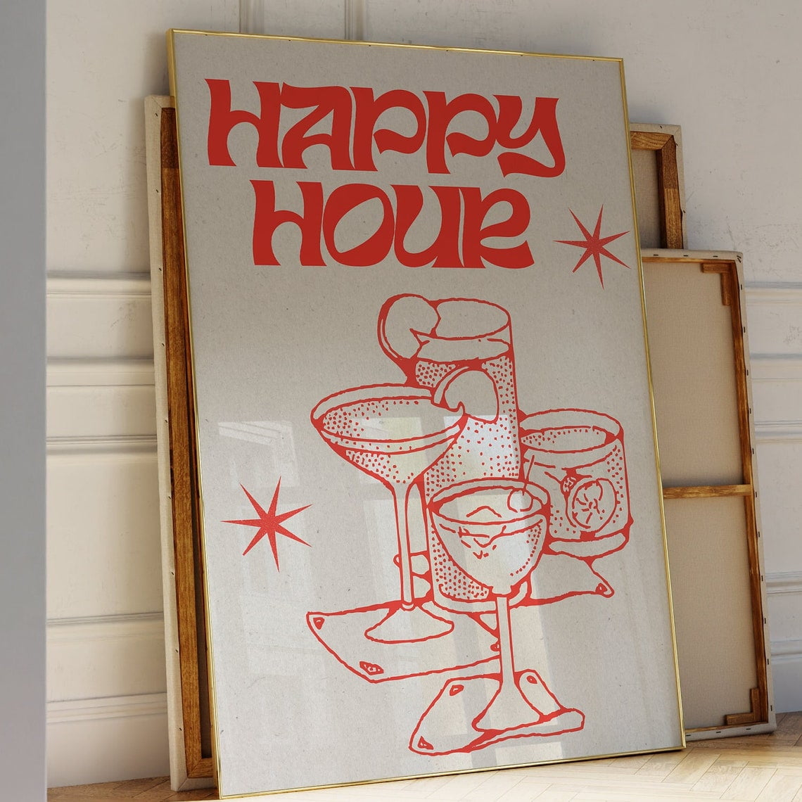 Red Retro Happy Hour Wall Art Cocktail Illustration Print, Bar Cart Art ...