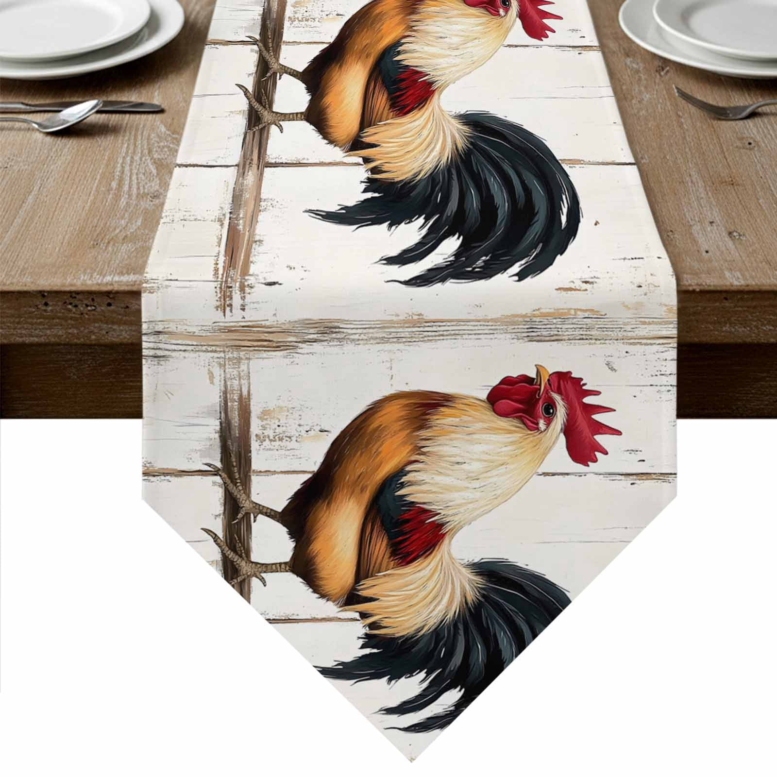Red Retro Rooster Table Runner Linen Burlap Table Runner 108 Inches ...