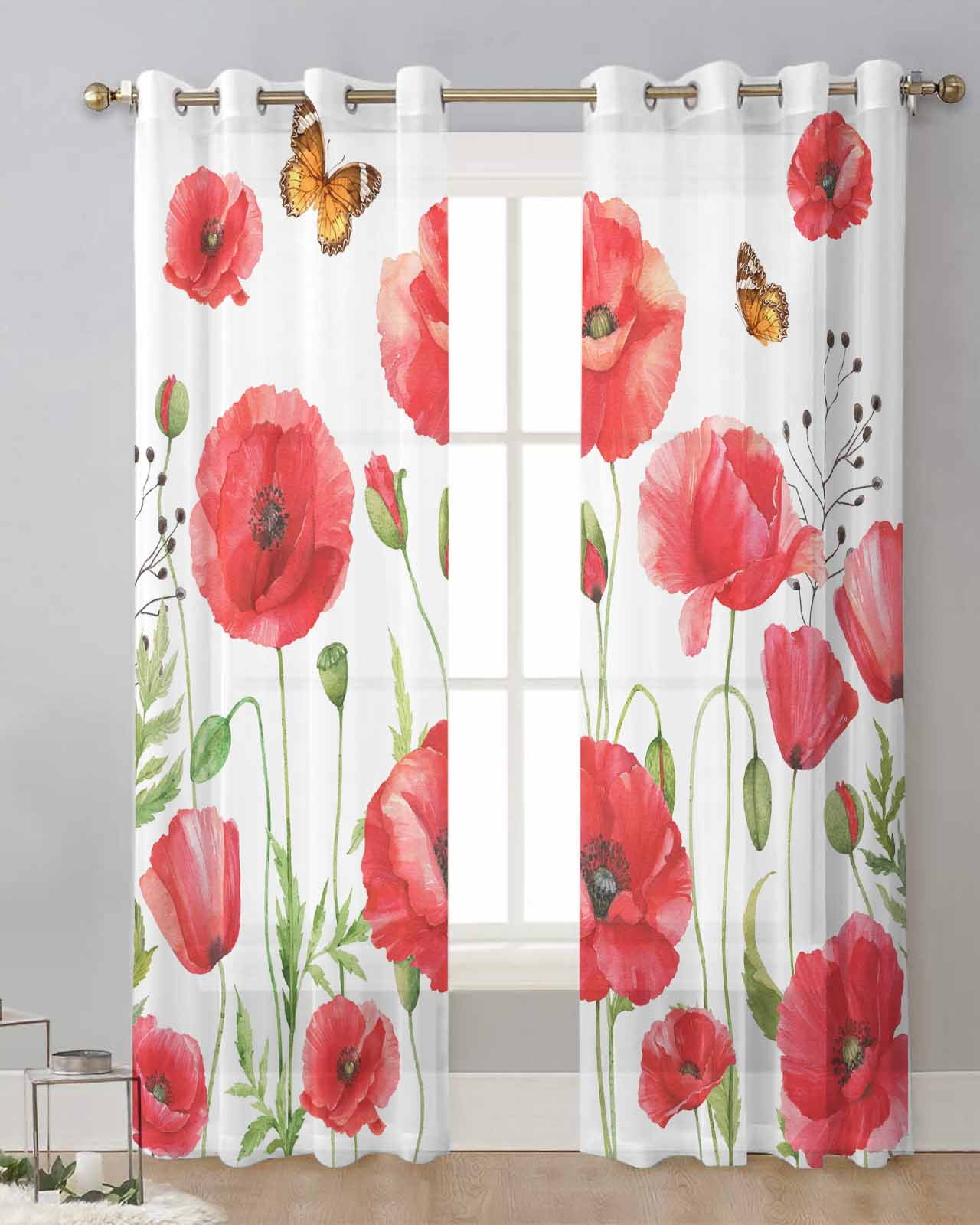 Red Retro Watercolor Poppy Flower Sheer Curtains For Living Room Window ...