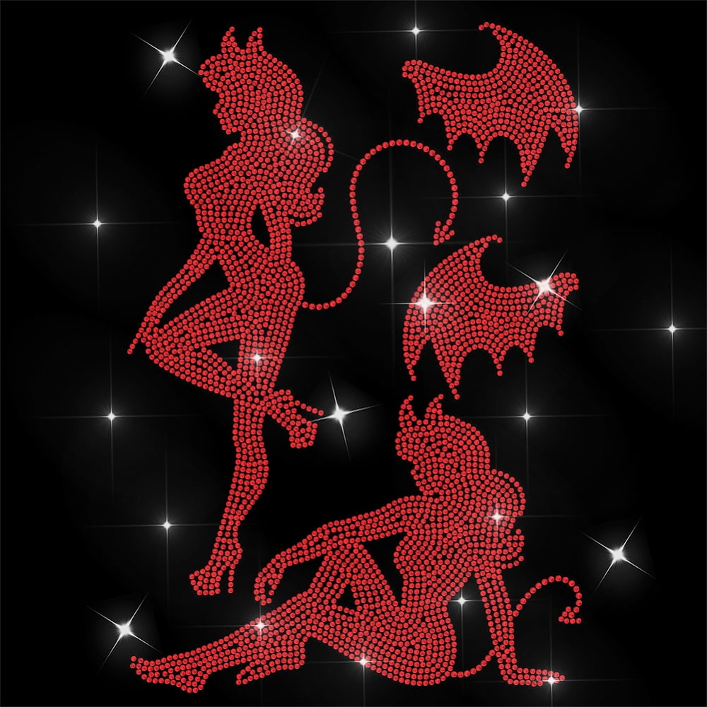 Red Rhinestone Iron on Transfer Devil Woman and Wings Bling Diamond ...