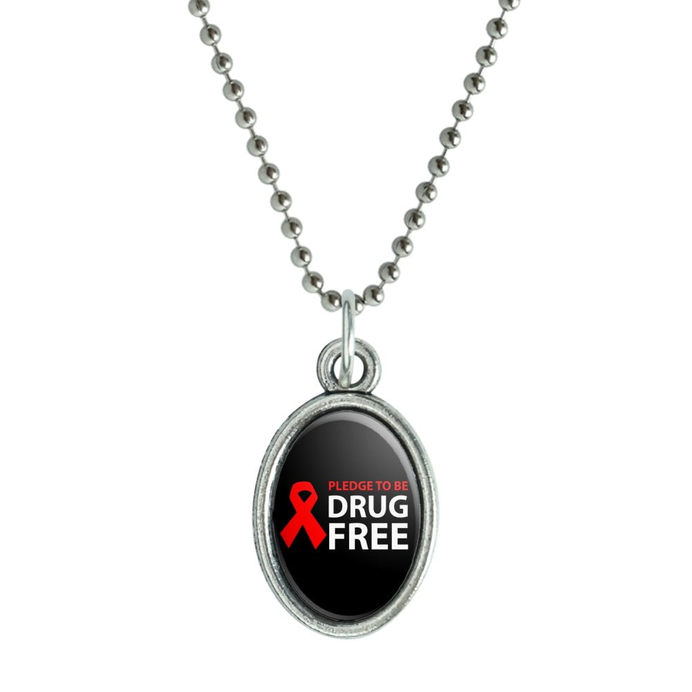 Red Ribbon Drug Free Pledge Antiqued Oval Charm Pendant with Chain ...