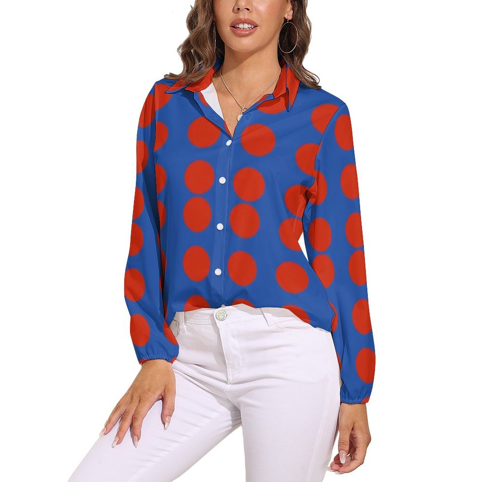 Red Rings on Blue-1-2 Vntage Casual Long Sleeve Shirt Blouse Woman ...