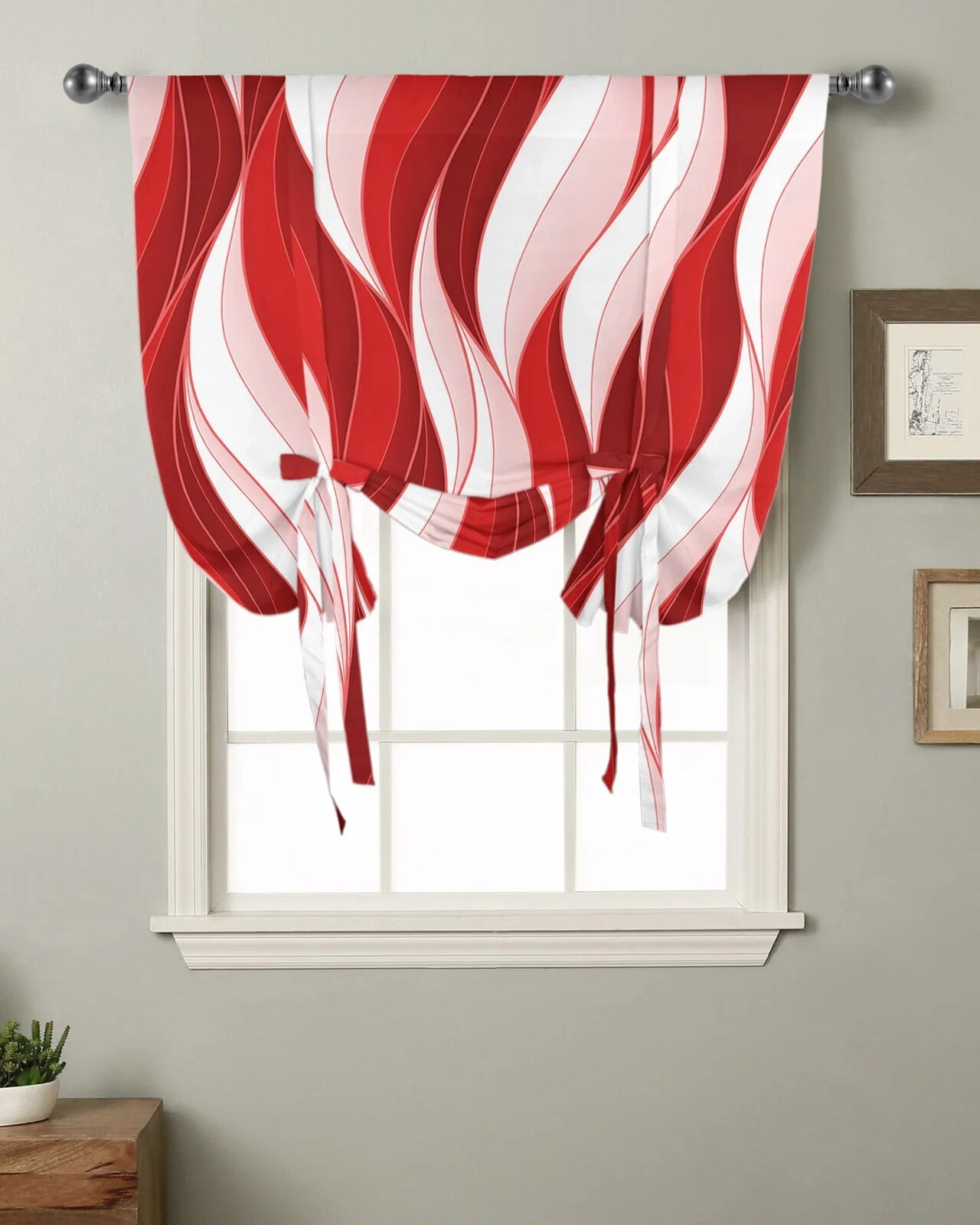Red Ripple Abstract Lines Kitchen Short Window Curtain Rod Pocket ...