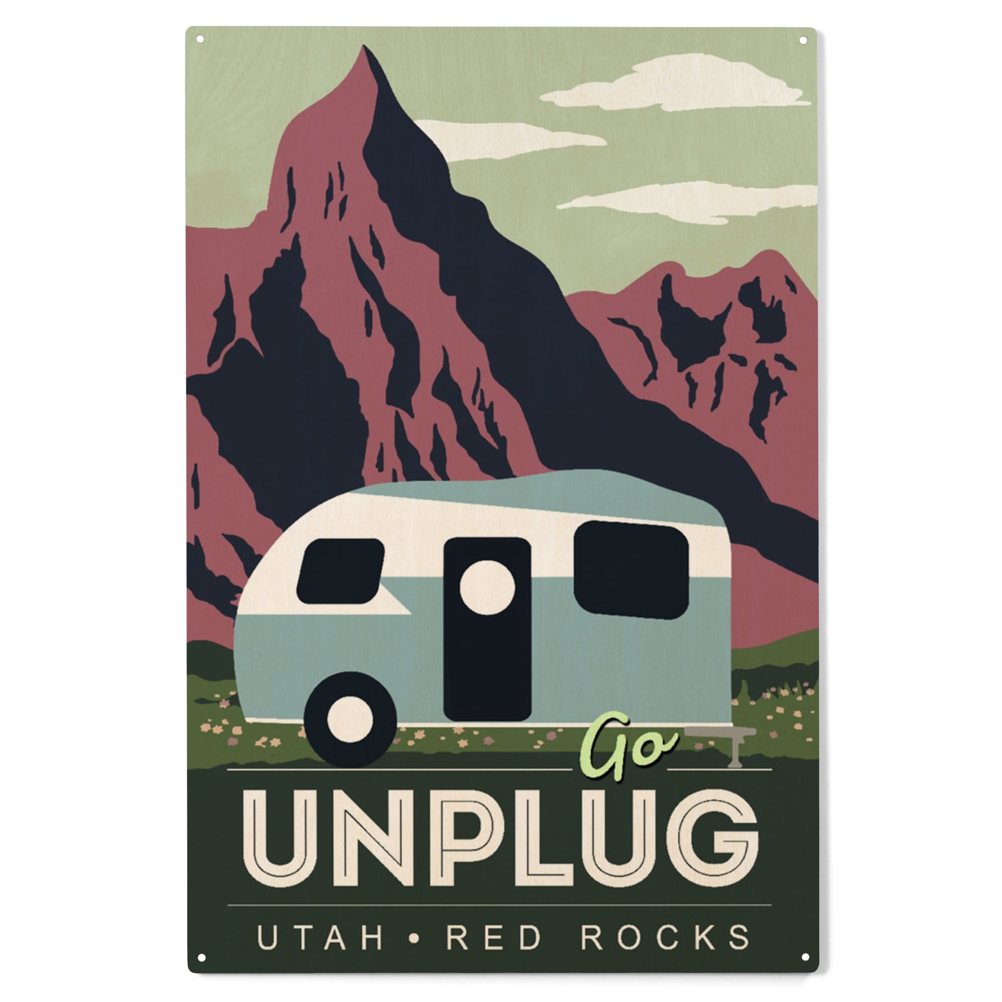 Red Rocks, Utah, Go Unplug, Retro Camper Birch Wood Wall Sign (10x15 ...