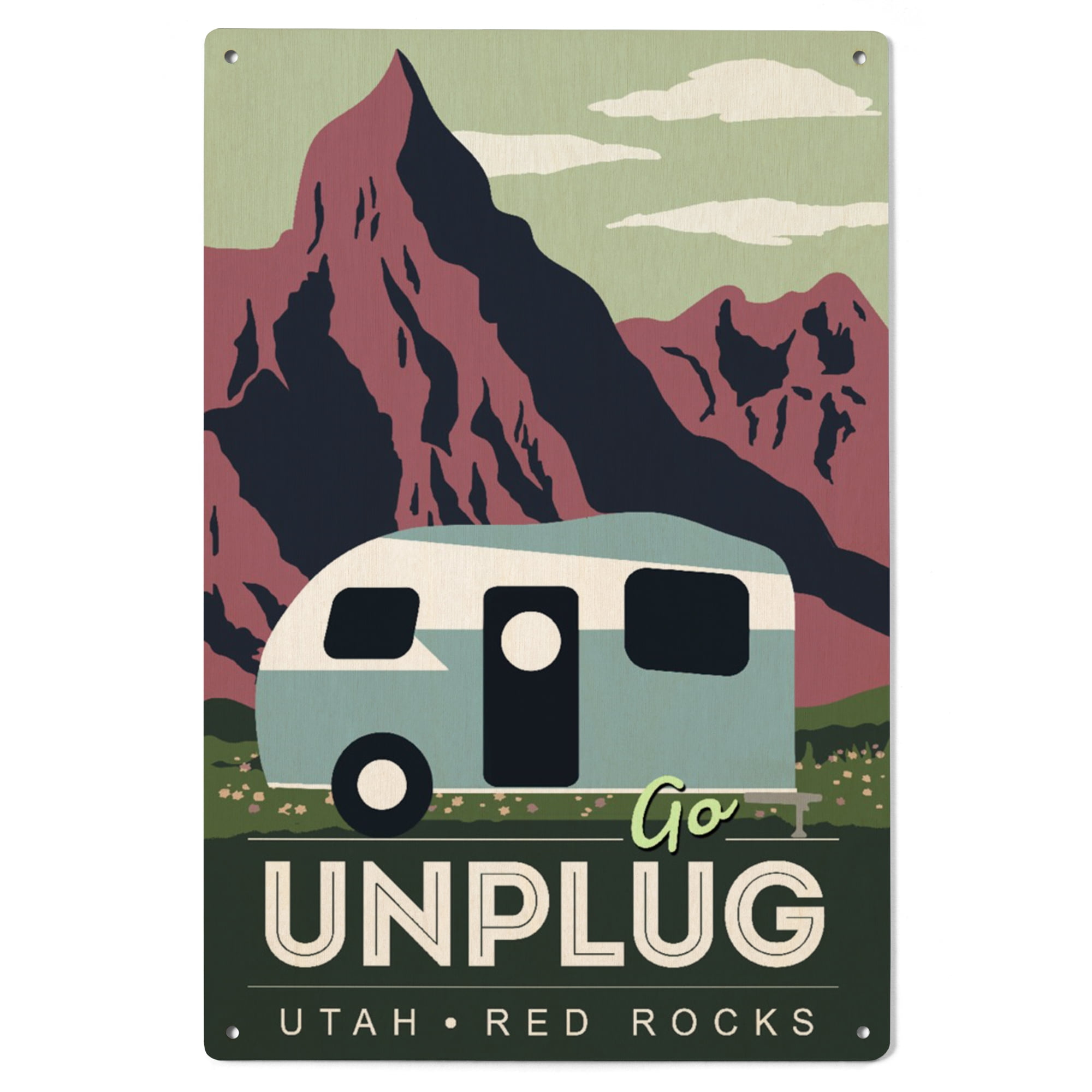 Red Rocks, Utah, Go Unplug, Retro Camper Birch Wood Wall Sign (6x9 ...