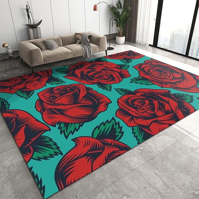 Red Romantic Rose 3D Carpet, Hand Drawn Green Leaves Flowers Living ...