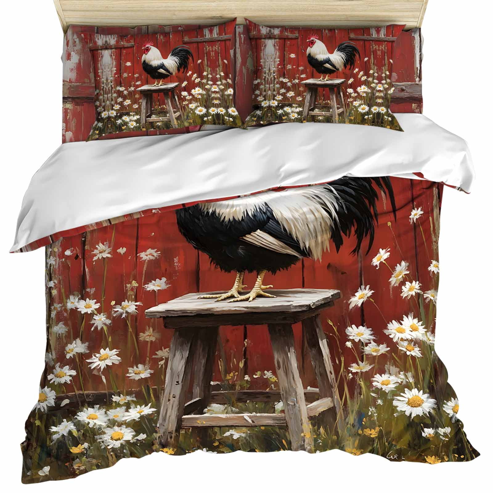 Red Rooster Duvet Cover Set, Farmhouse Animals Spring Floral Rustic ...