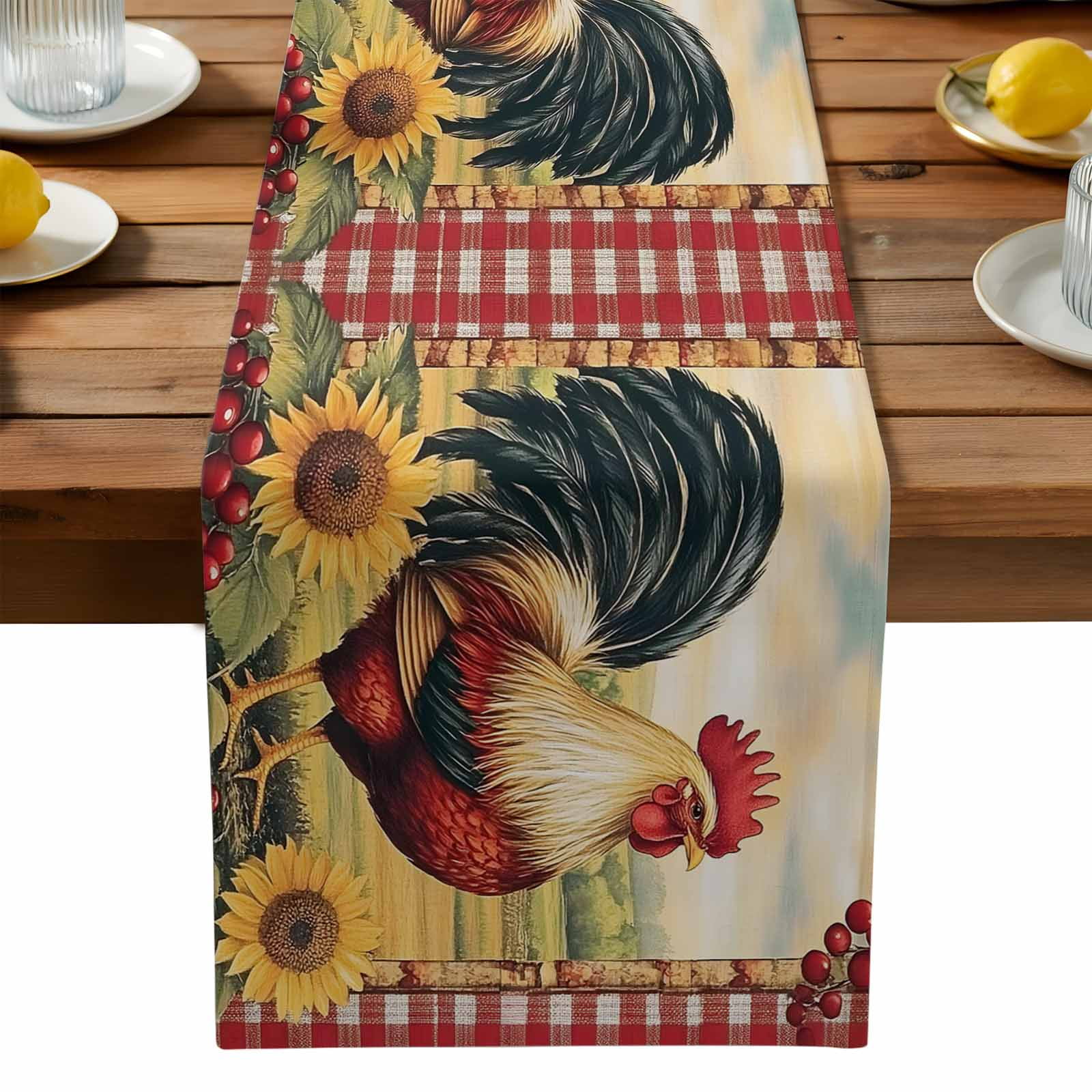 Red Rooster Flowers Egg Table Runner, Vintage Style Farm Rooster Red ...