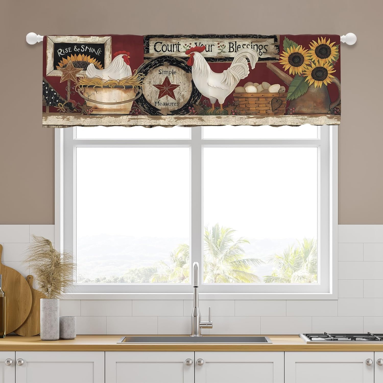 Red Rooster Valance for Windows Kitchen Rustic Country Farm Animal ...