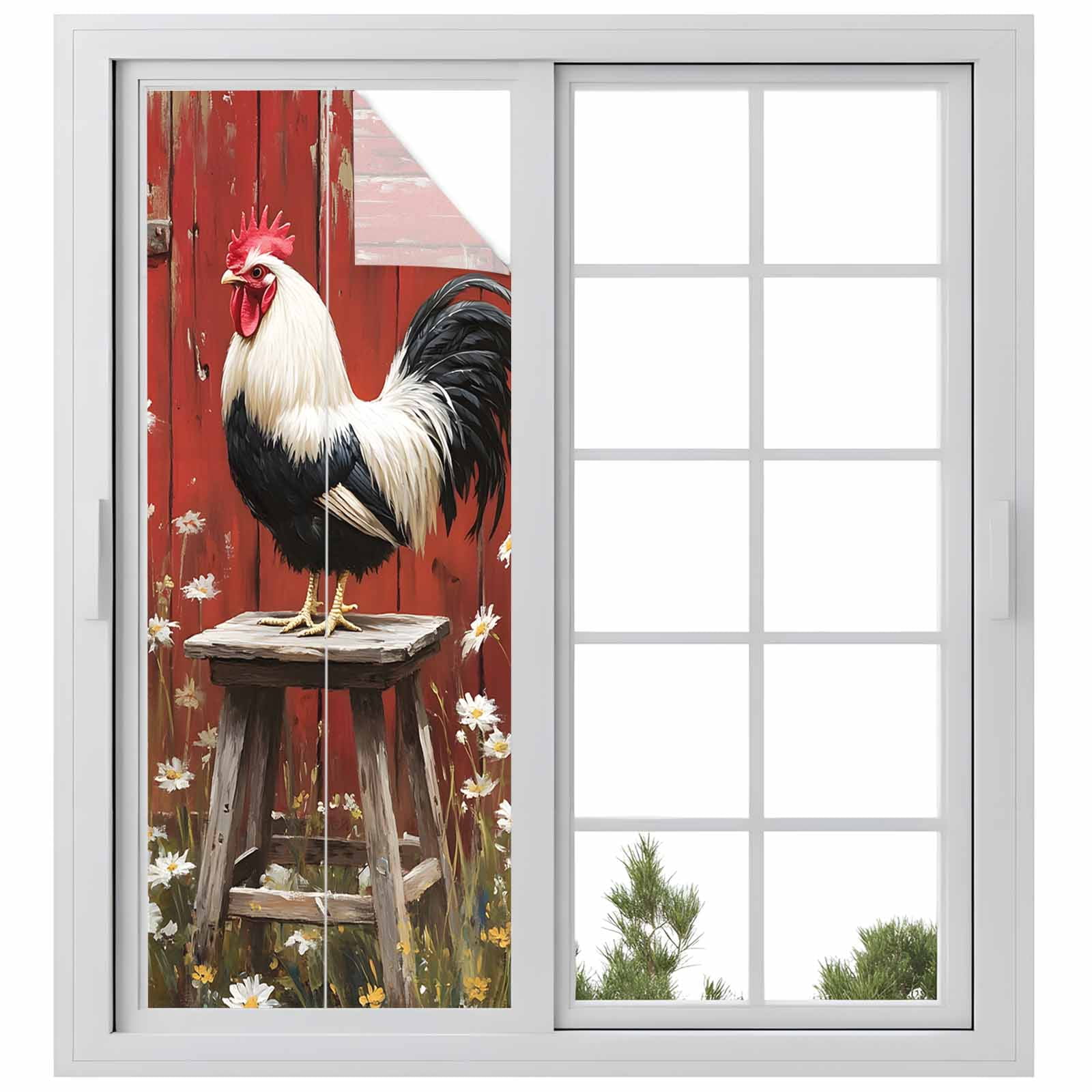 Red Rooster Window Privacy Film, Farmhouse Animals Spring Floral Rustic ...