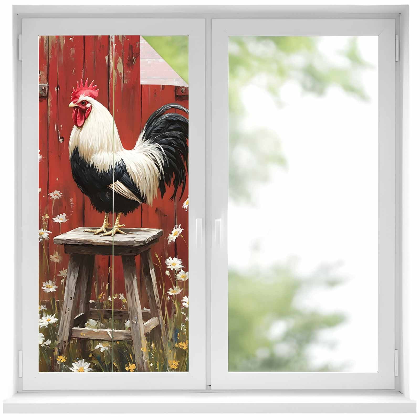 Red Rooster Window Privacy Film, Farmhouse Animals Spring Floral Rustic ...