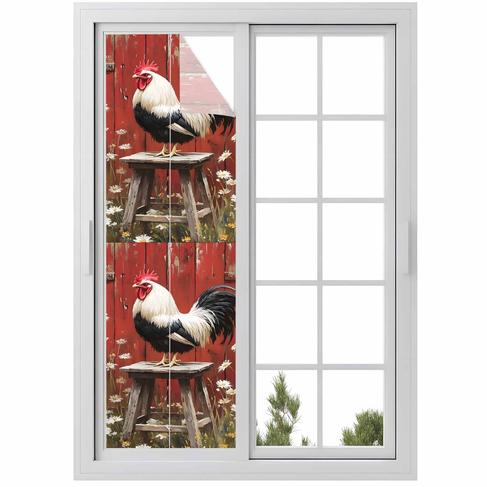 Red Rooster Window Privacy Film, Farmhouse Animals Spring Floral Rustic ...