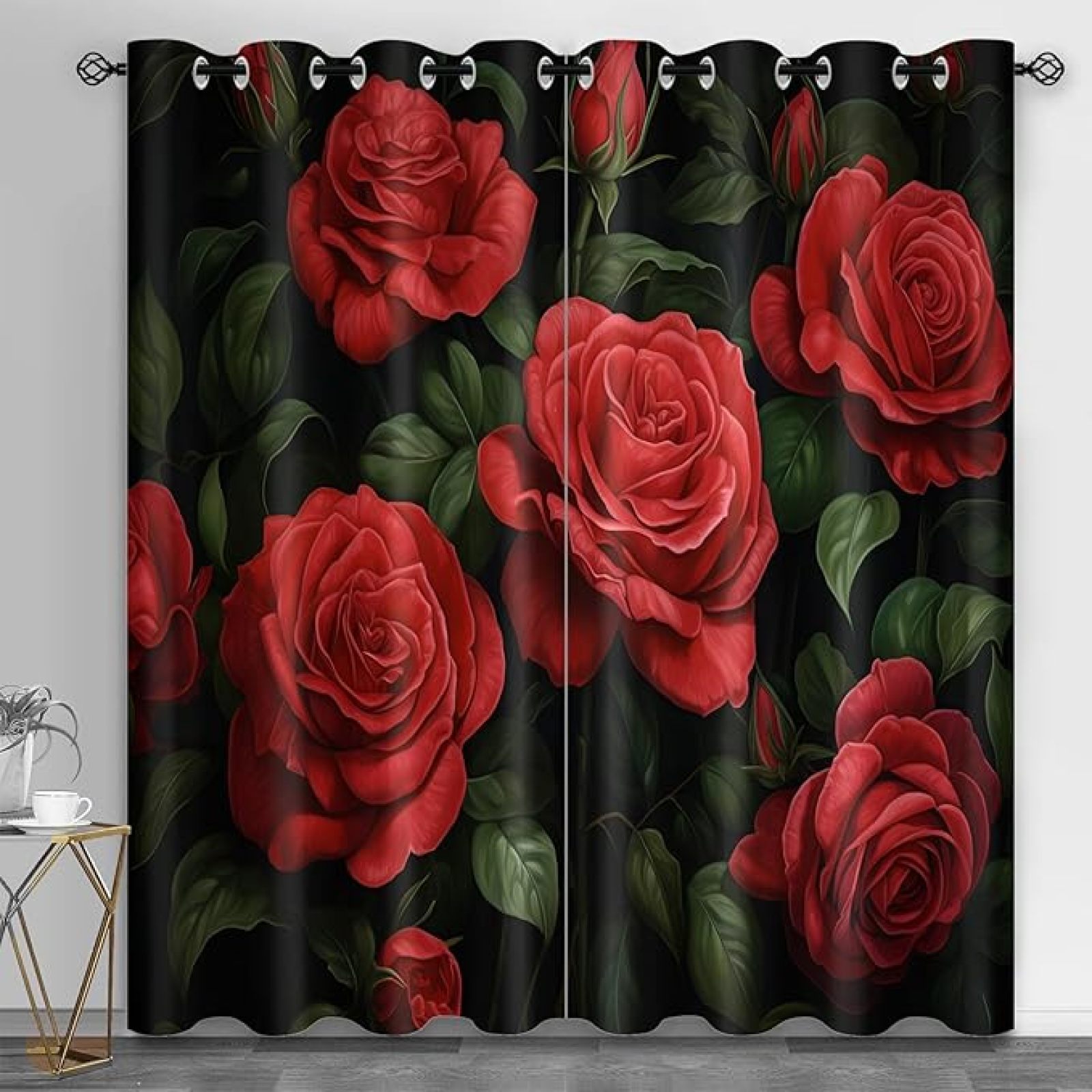 Red Rose 3D Printed Curtains, Modern Floral Window Treatments For ...