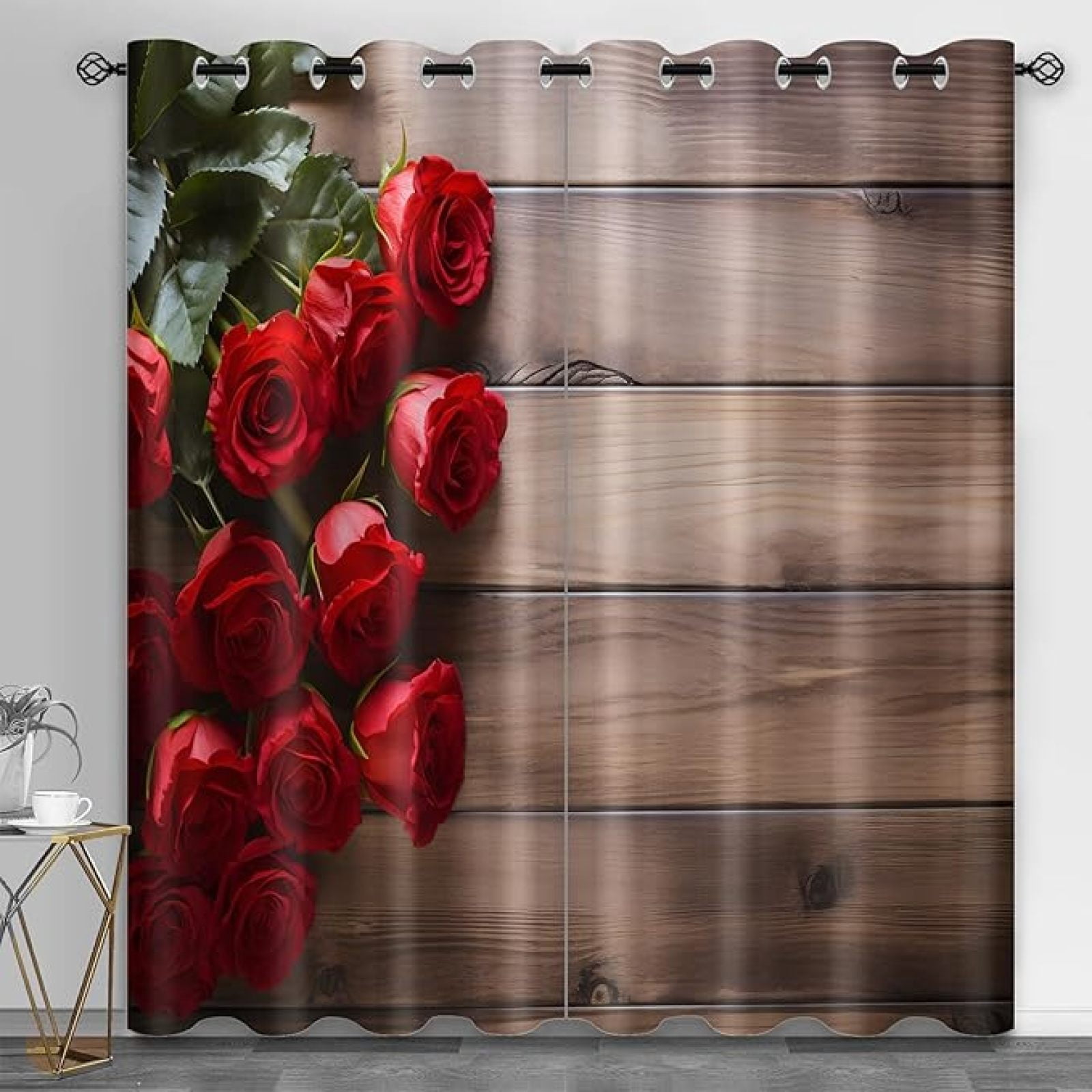 Red Rose 3D Printed Curtains, Romantic Flower Window Treatments For ...
