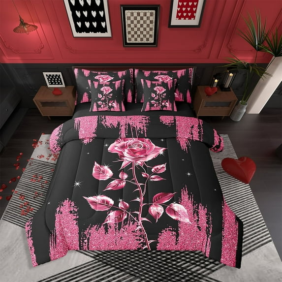 Red Rose 7 Pcs Comforter Set ,Glitter Sequins Pattern Bed in a Bag Full ...