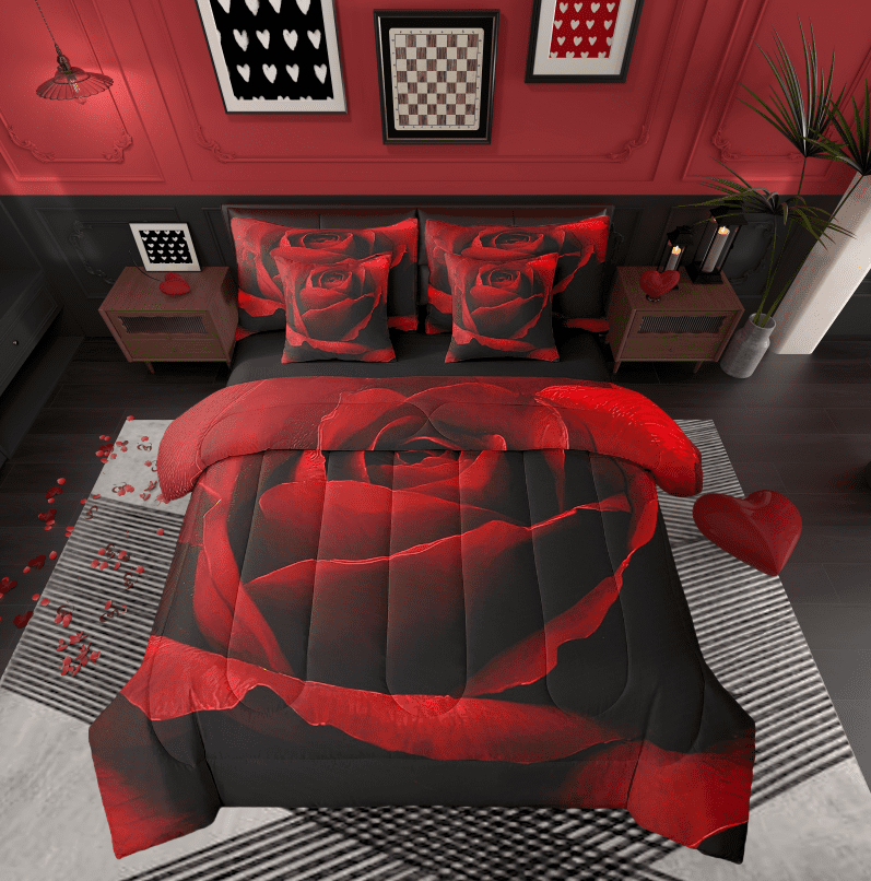 Red Rose 7 Piece Bed in a Bag King,Romantic Floral Red and Black ...