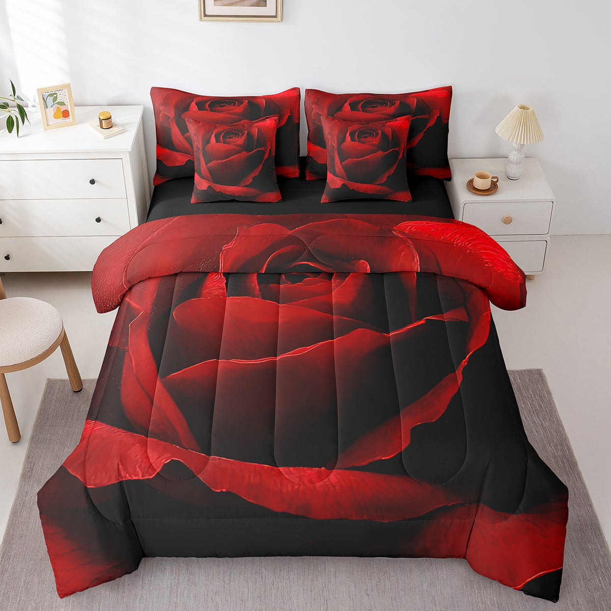 Red Rose 7 Piece Bed in a Bag Twin,Romantic Floral Red and Black ...