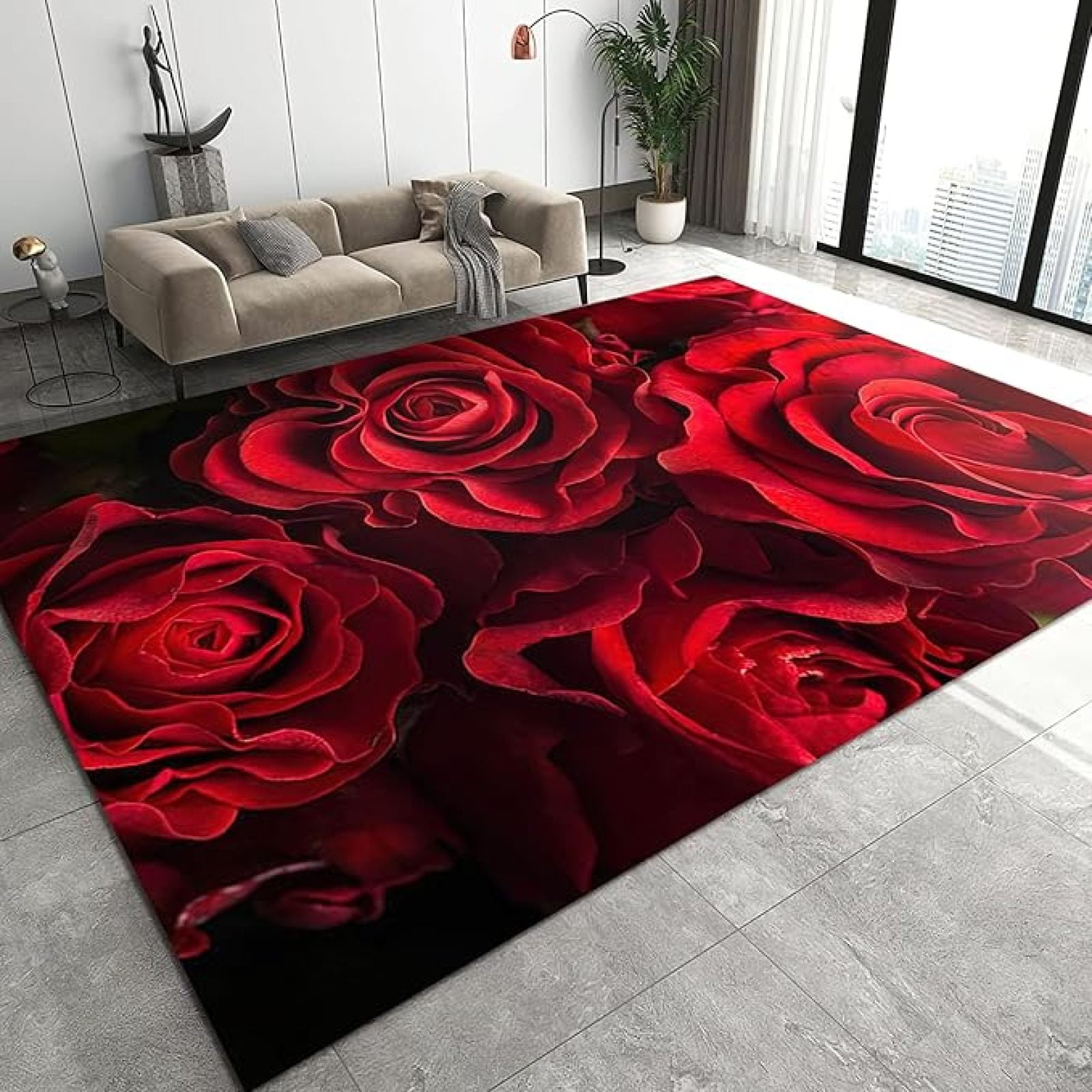 Red Rose Area Rug, Romantic Red Flowers Non Slip Bedroom Rug, Stain ...