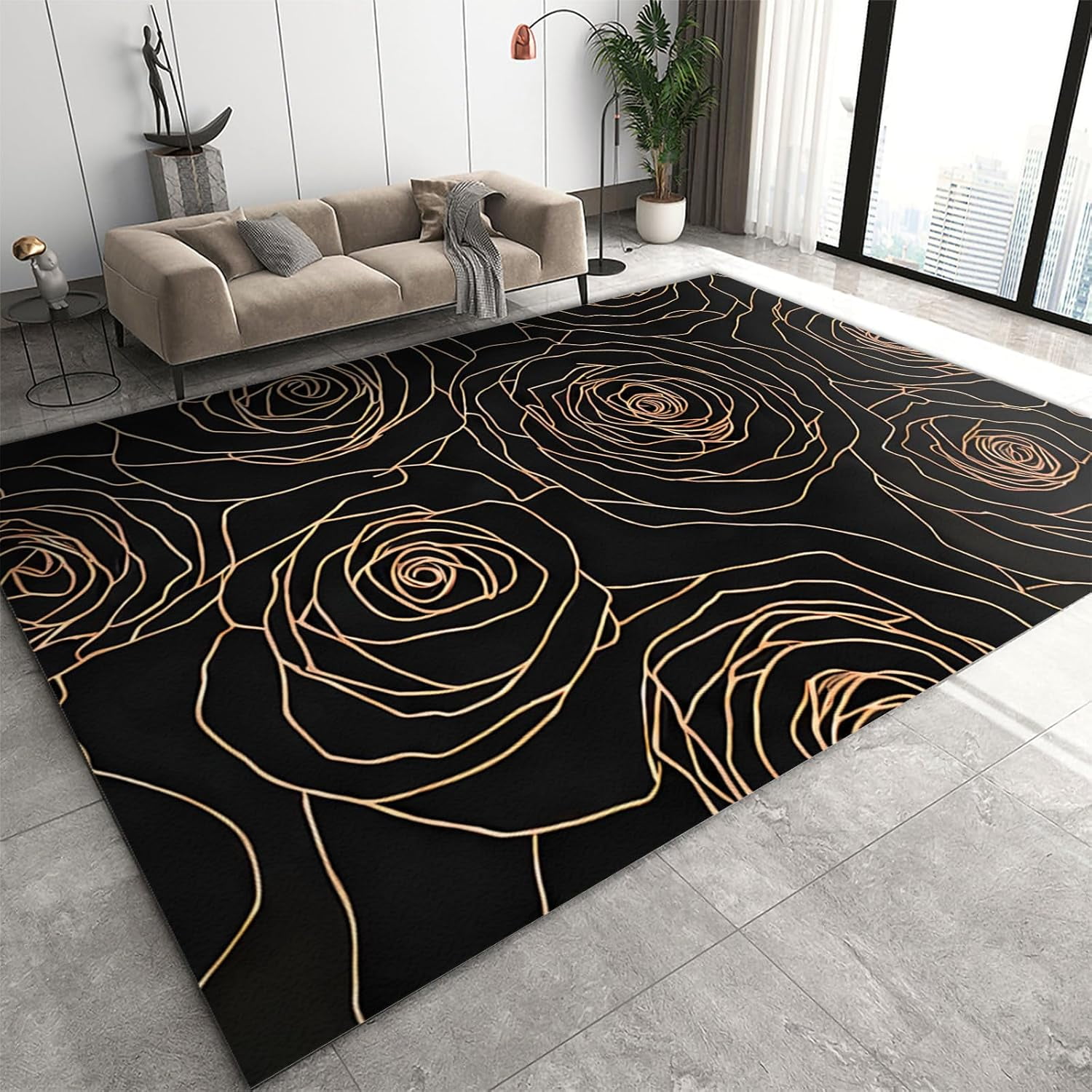 Red Rose Area Rugs, Nordic Light Luxury Line Flowers Black Apartment ...