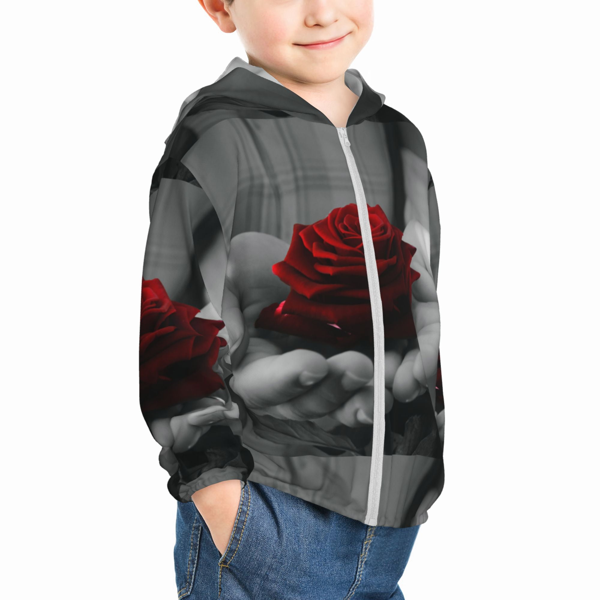 Red Rose Background Kids Zip-Up Hoodie Girls Boys Sun Protection Jacket Hooded Cooling Shirt ...