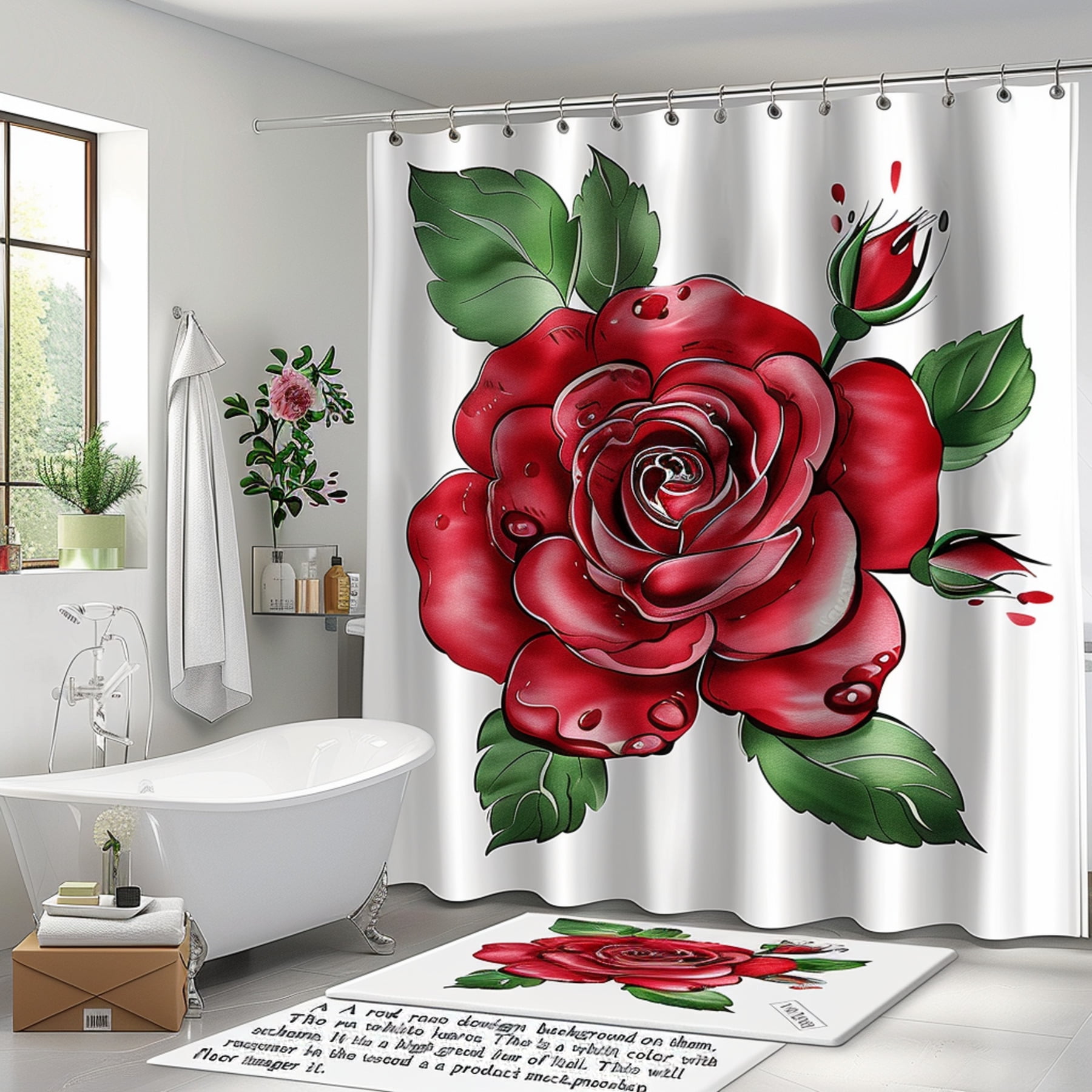 Red Rose Bathroom Decor Set Shower Curtain White Background Bright ...