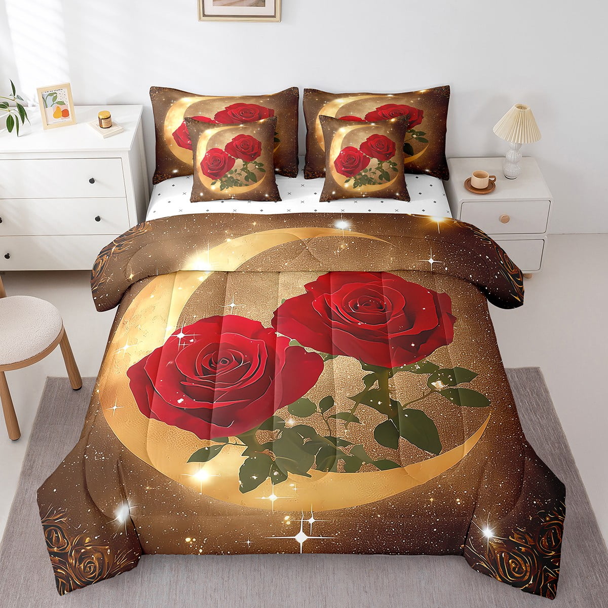 Red Rose Bed in a Bag 7 Piece,Golden Moon Bedding Sets Romantic Floral ...