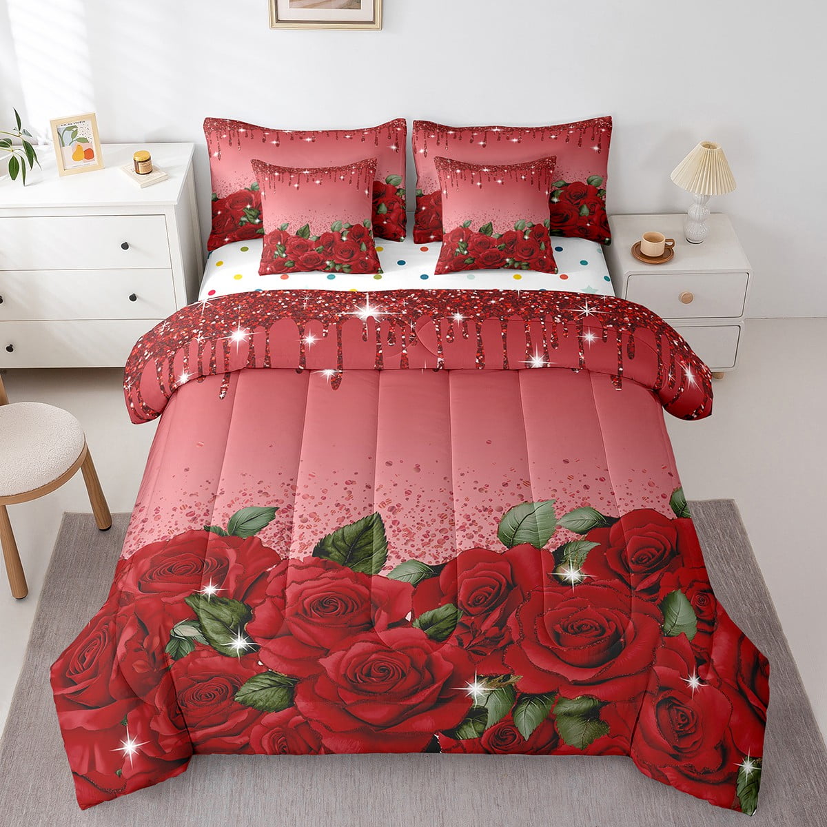 Red Rose Bed in a Bag King Size Comforter Set 7 Pieces,Diamond Crystal ...