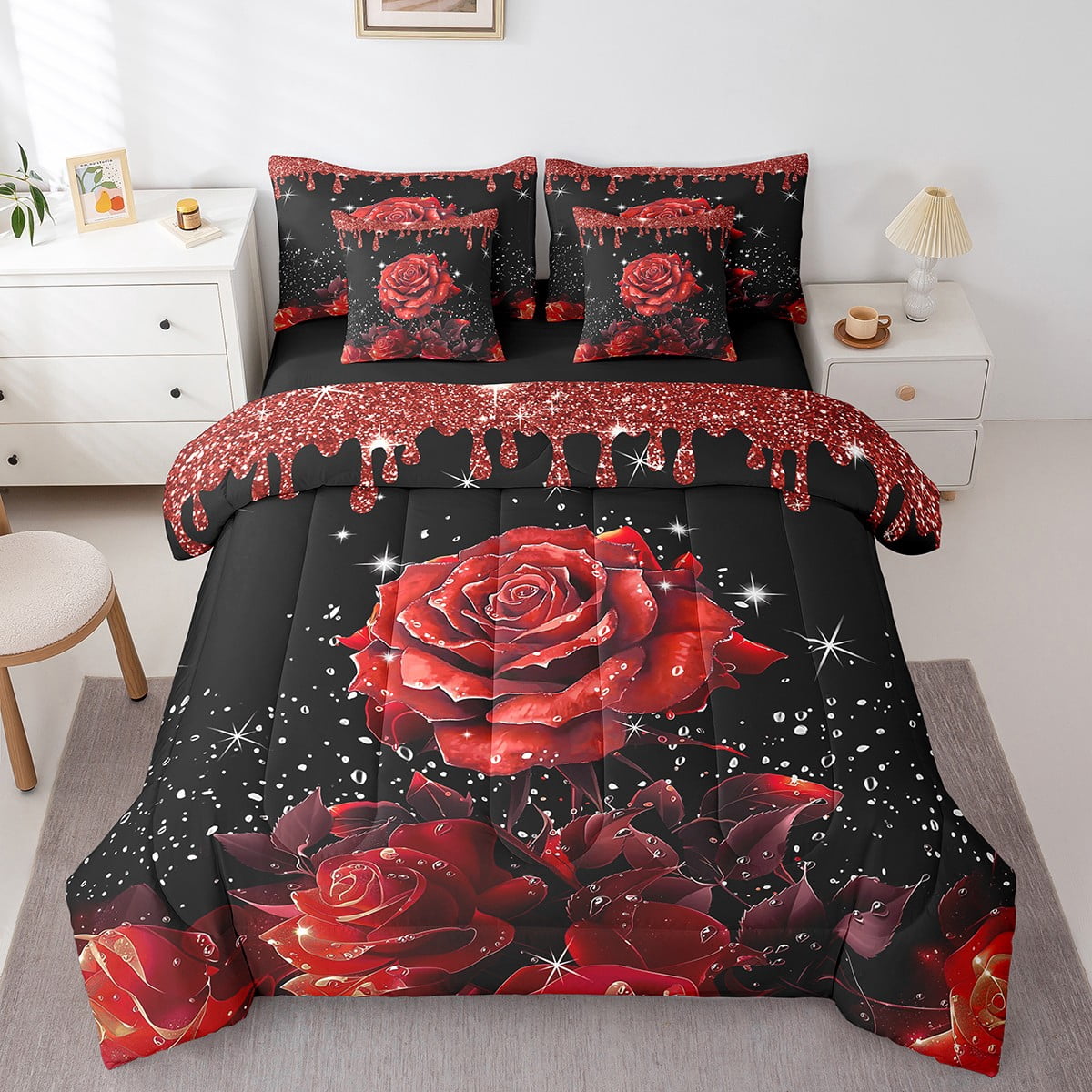 Red Rose Bed in a Bag King Size Comforter Set 7 Pieces,Glitter Galaxy ...