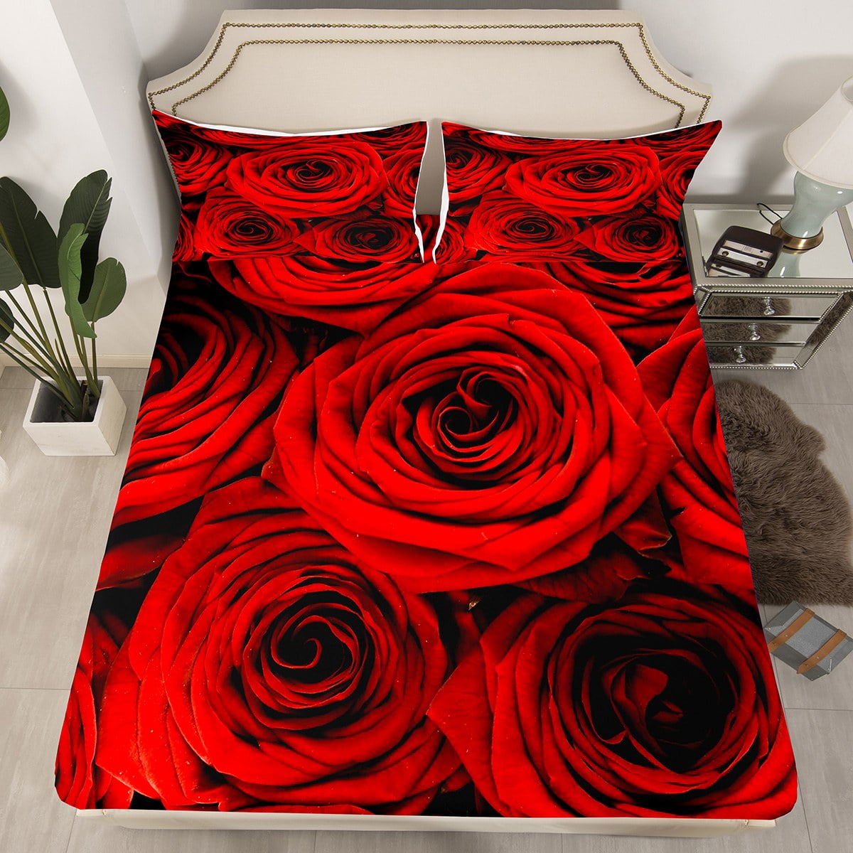 Red Rose Bed Sheets Set Twin, Ombre Red Black Floral Fitted Sheet for ...