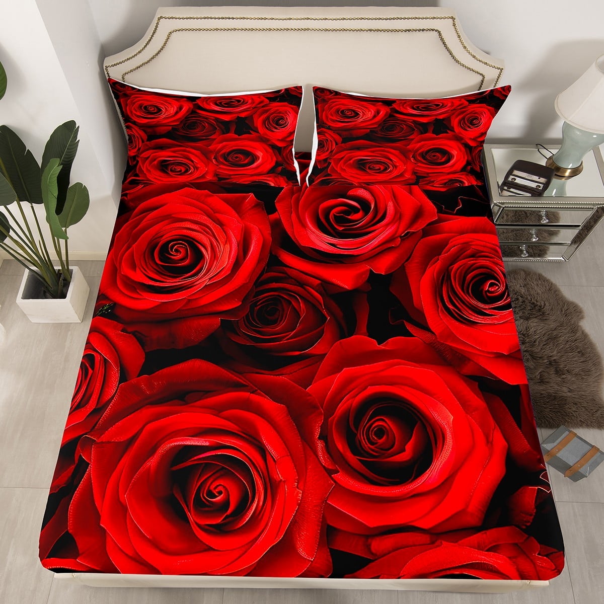 Red Rose Bed Sheets Set Twin, Ombre Red Black Floral Fitted Sheet Women ...