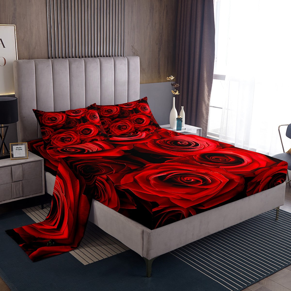 Red Rose Bed Sheets Set Twin Size, Ombre Red Black Floral Sheet Set ...