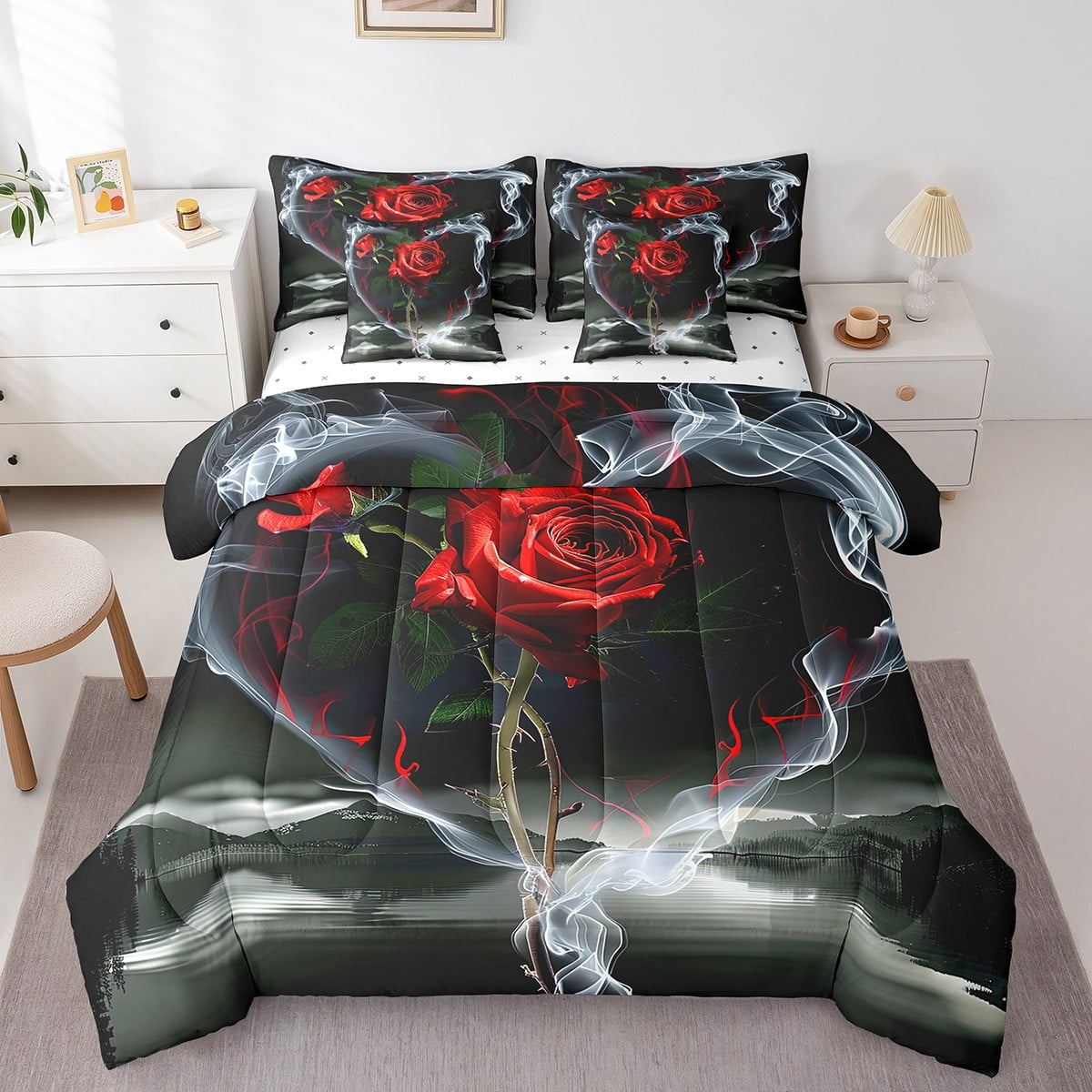 Red Rose Bed in a Bag Queen Comforter Set 7 Piece,Foggy Heart Pattern ...