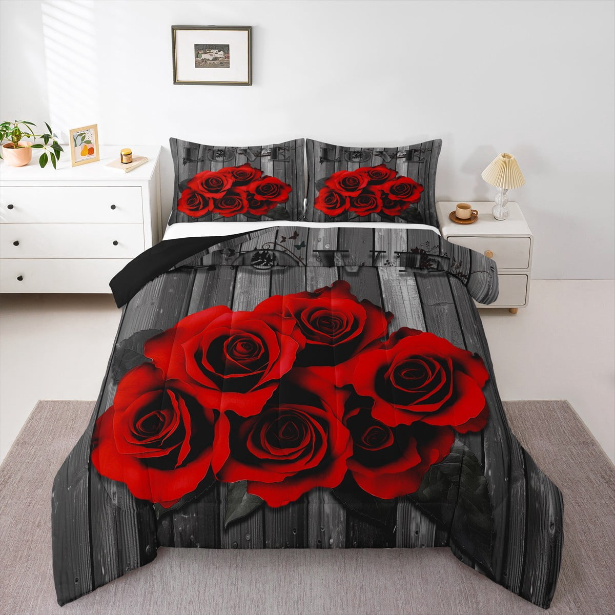 Red Rose Bedding Set Full Red Black Valentine'S Day Comforter Set Women ...