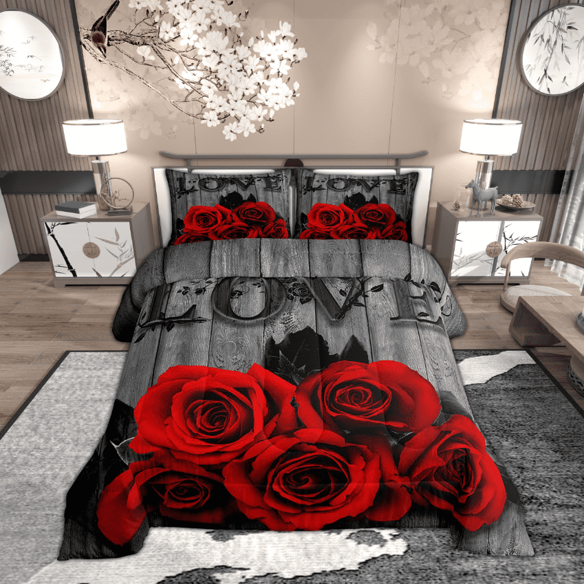 Red Rose Bedding Set Twin Red Black Valentine'S Day Comforter Set Women ...
