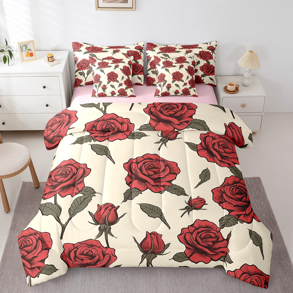 Red Rose Bedding Set Twin Size,Vintage Romantic Floral Comforter Set ...