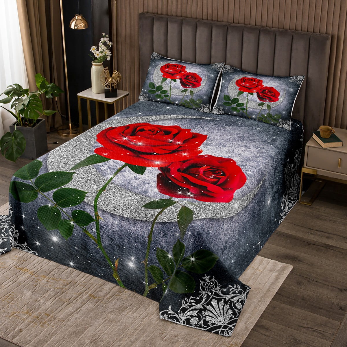 Red Rose Bedspread Set Silver Moon Quilt Set Queen for Women Men Girls ...
