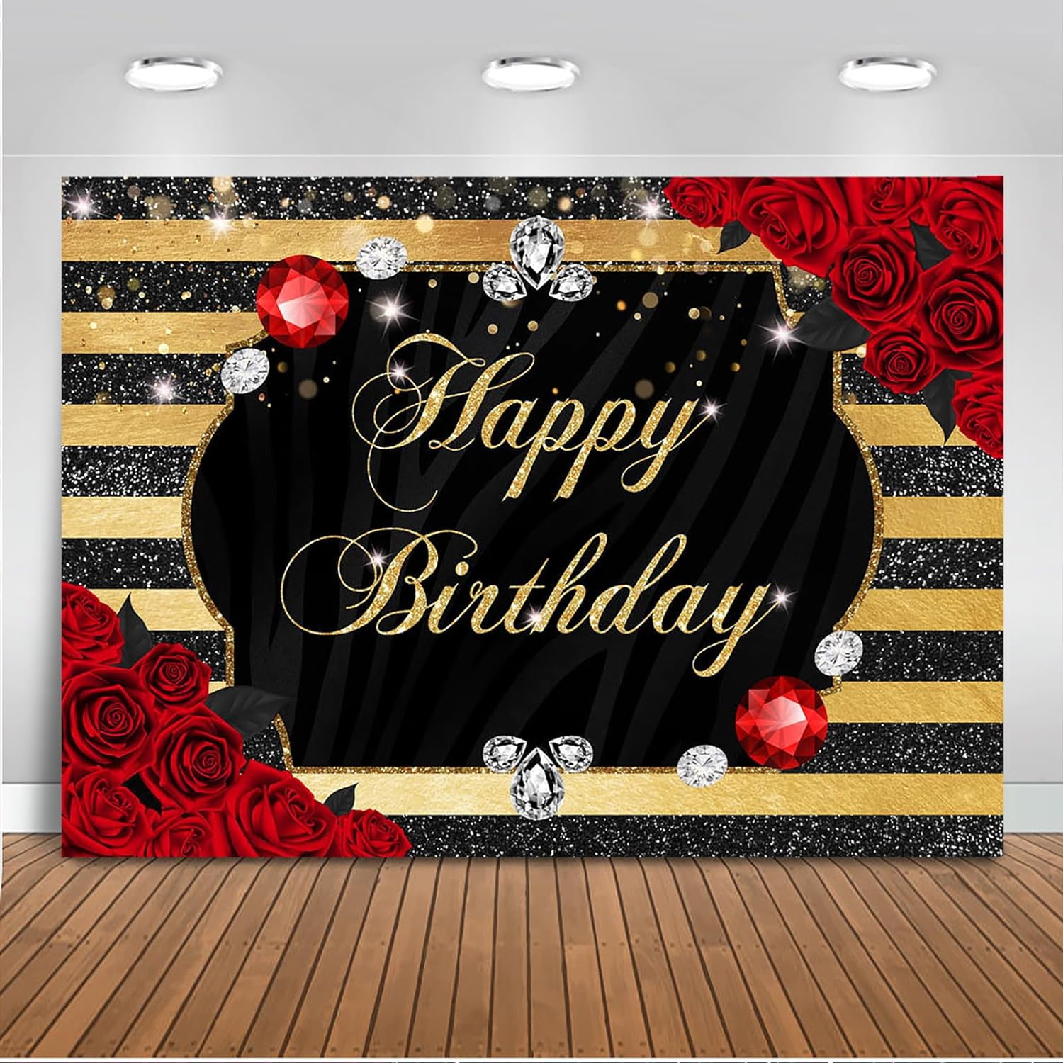 Red Rose Birthday Pretty Backdrop Women Black and Gold Happy Birthday ...