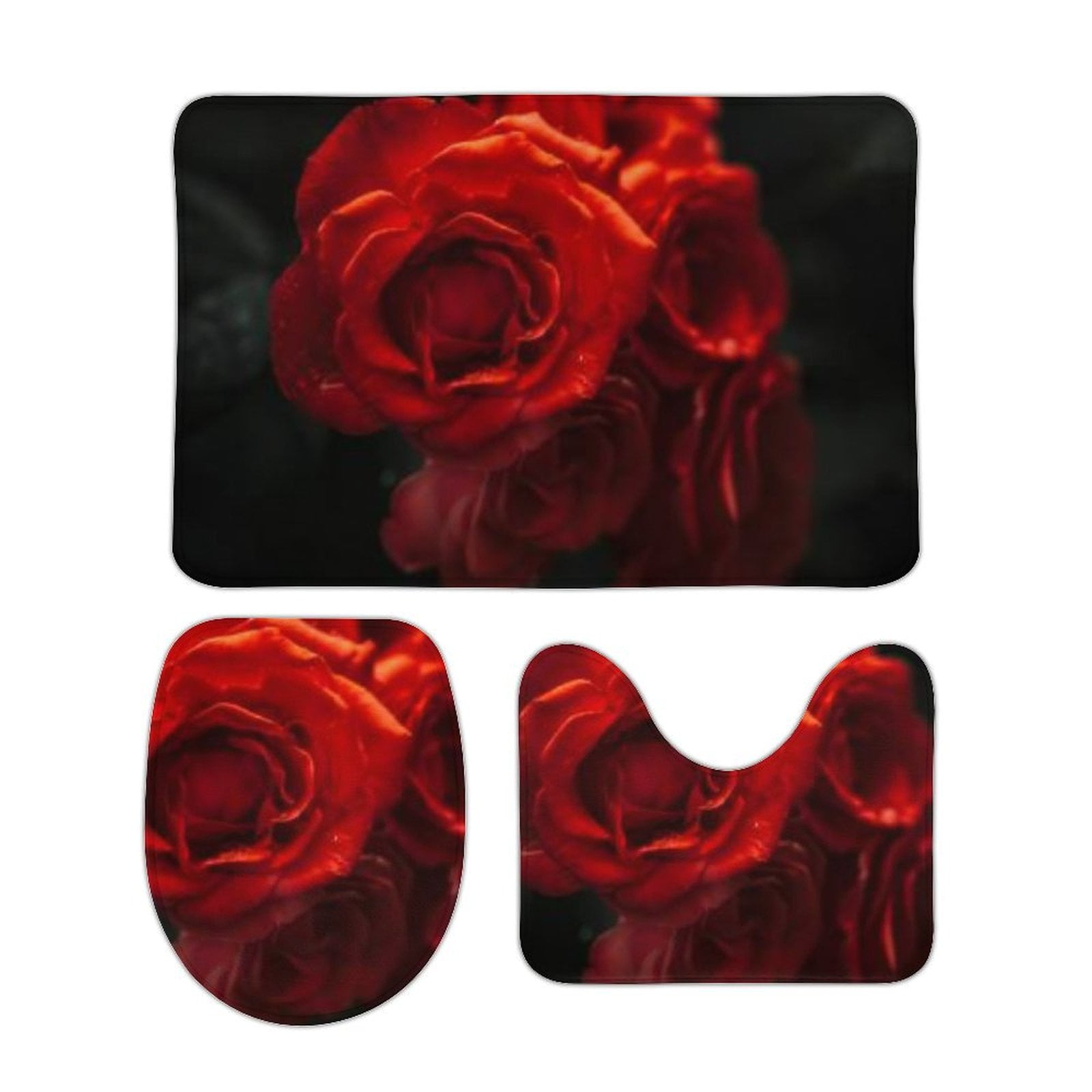 Red Rose Black Bathroom Mats Set 3-piece Bath Mats , Washable Deck ...