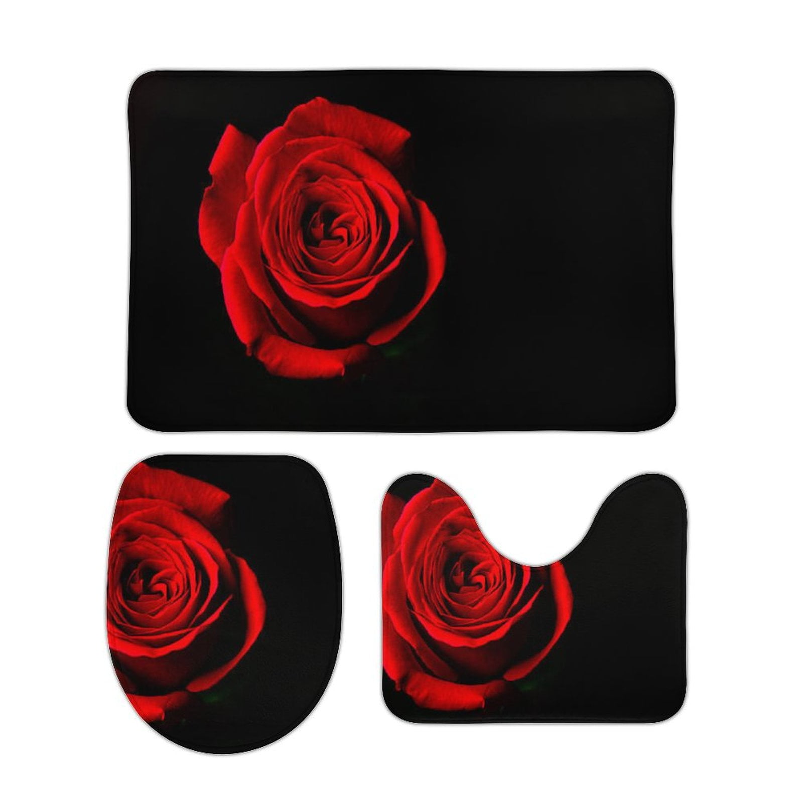 Red Rose Black Bathroom Mats Set 3-piece Bath Mats , Washable Deck ...