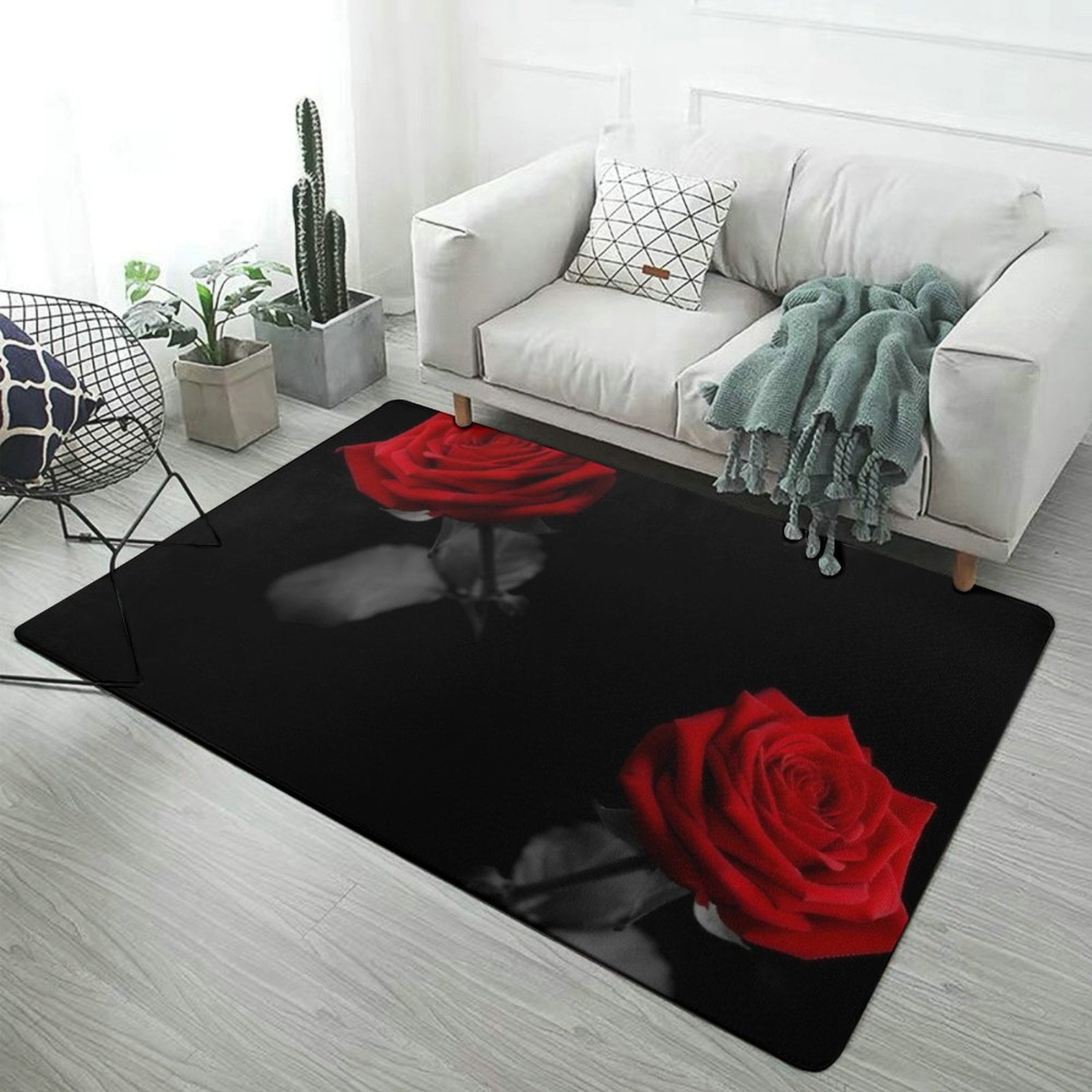 Red Rose Black Carpet Style Living Room Bedroom Rug Modern 3d Entry ...