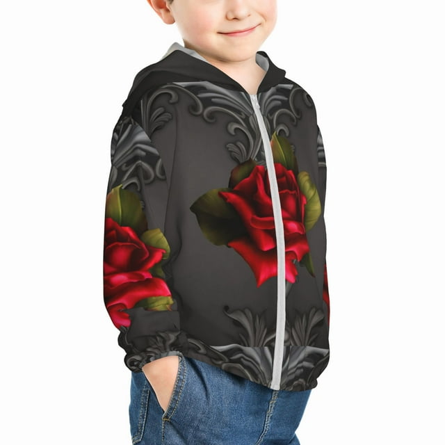 Red Rose Black Ornamental Glam Kids Zip-Up Hoodie Girls Boys Sun Protection Jacket Hooded ...